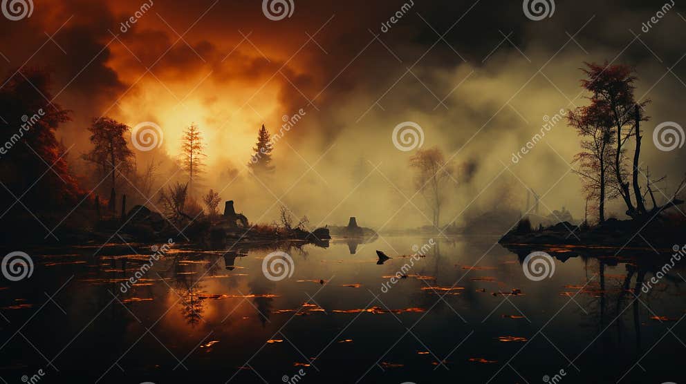 Lake in forest is on fire stock photo. Image of spring - 314681410