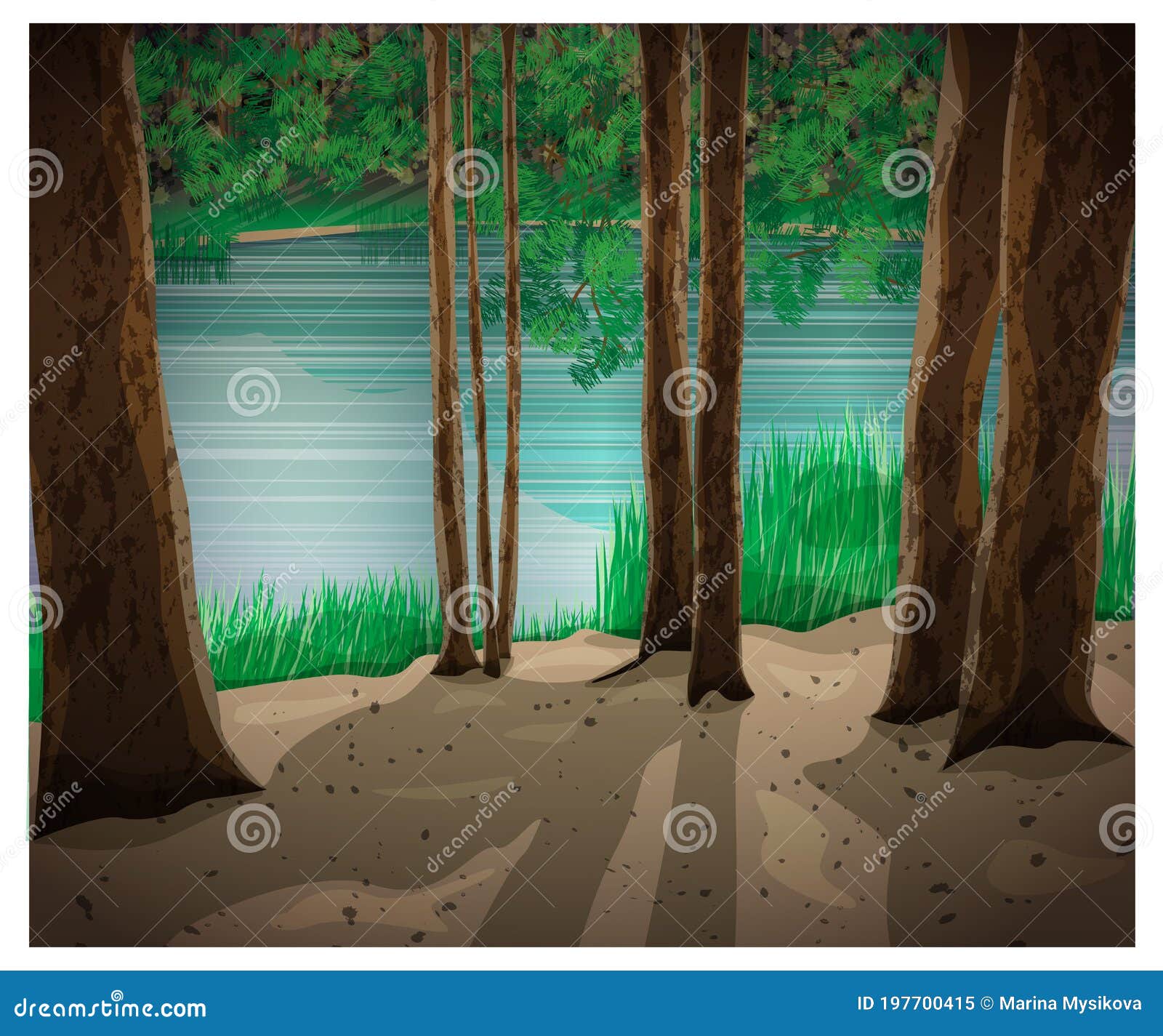 Lake in the forest stock vector. Illustration of tree - 197700415