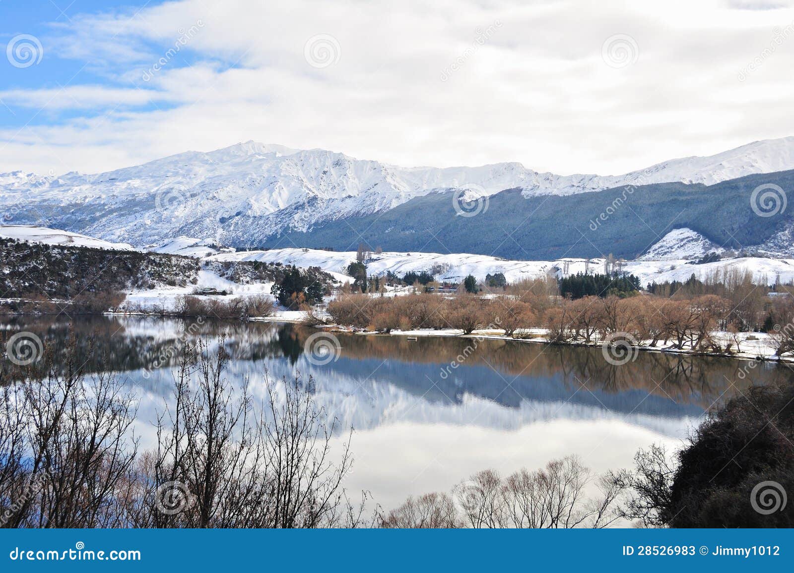 Lake Hayes with Snow Mountain Reflections Stock Image - Image of ...