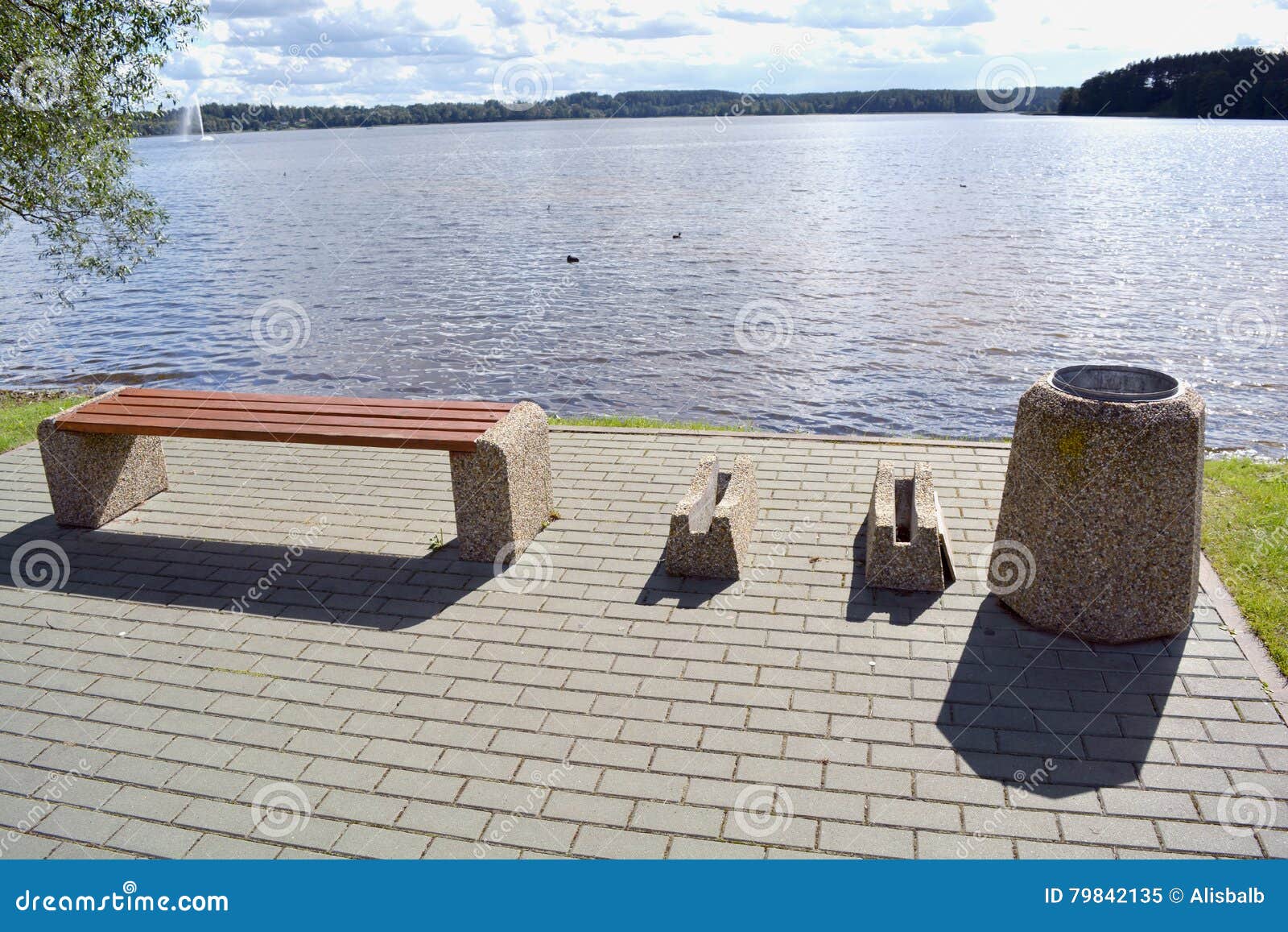 Lake Landscape with Bench and Dust Bin Stock Image - Image of place ...