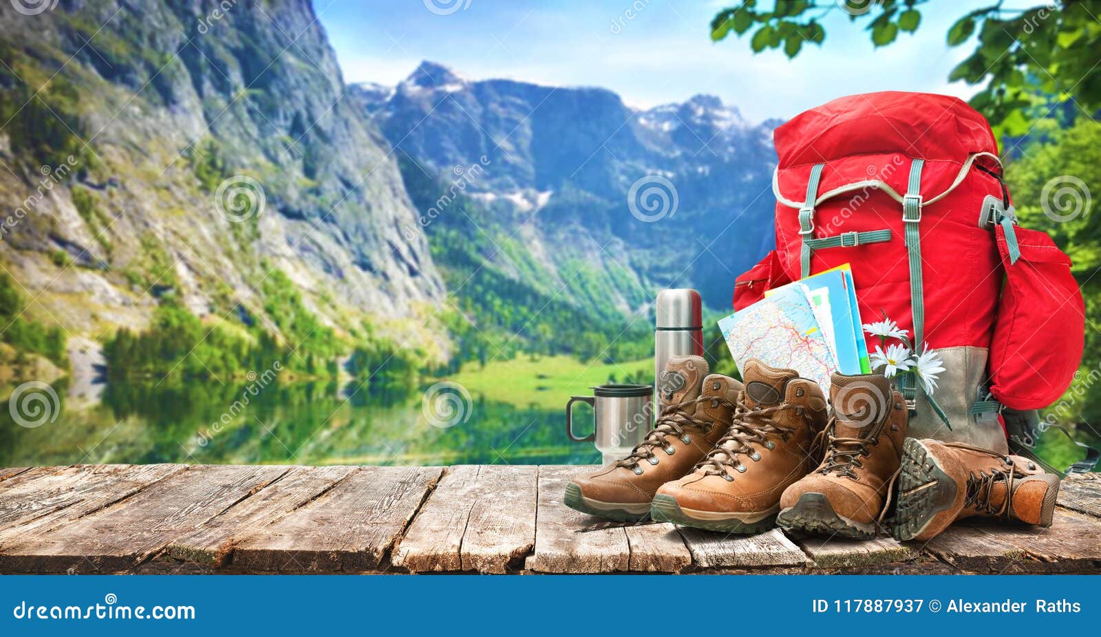 Lake Landscape with Big Backpack and Trekking Boots Stock Image - Image ...