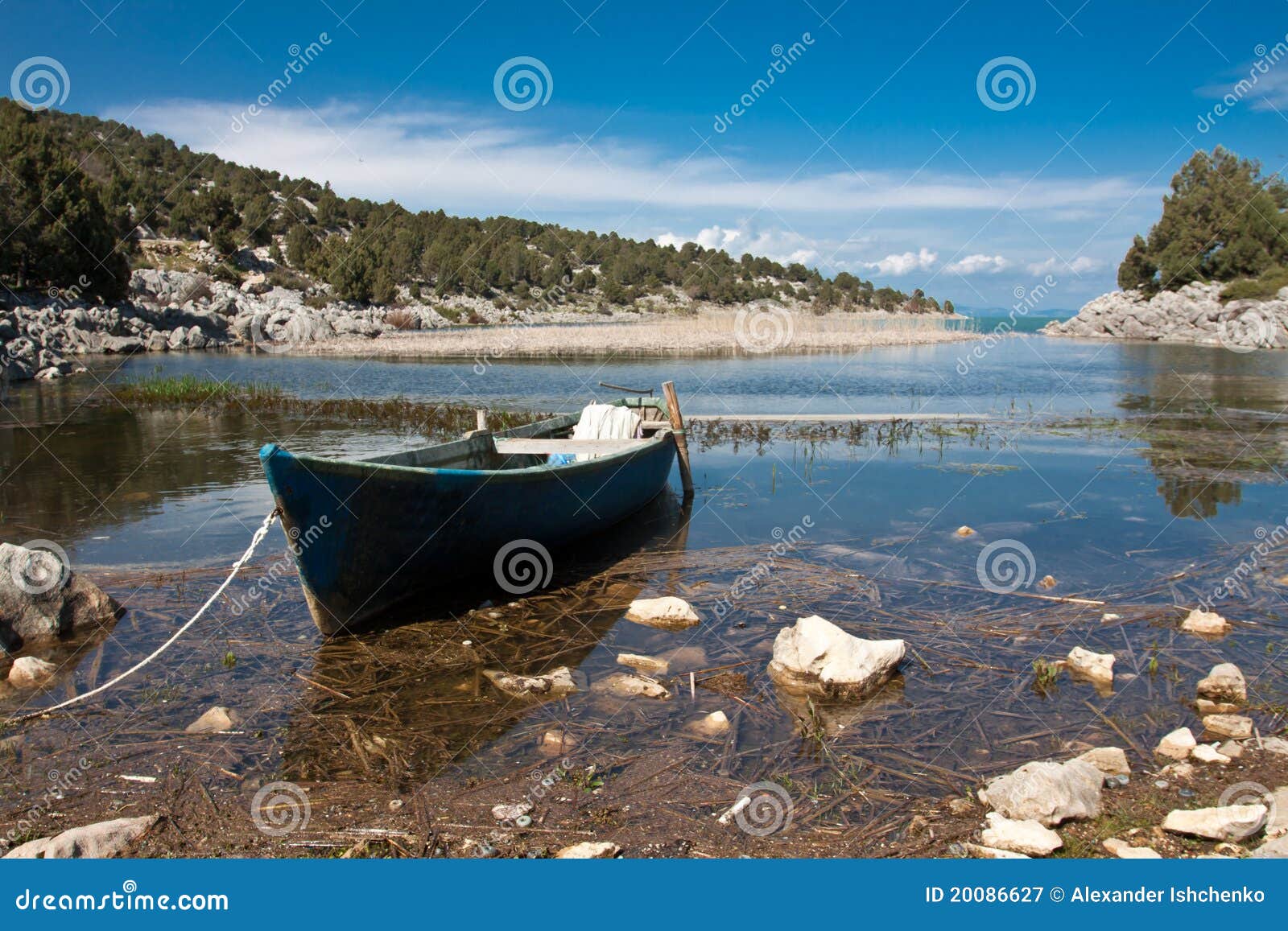 Lake landscape with boat. stock image. Image of outdoor - 20086627