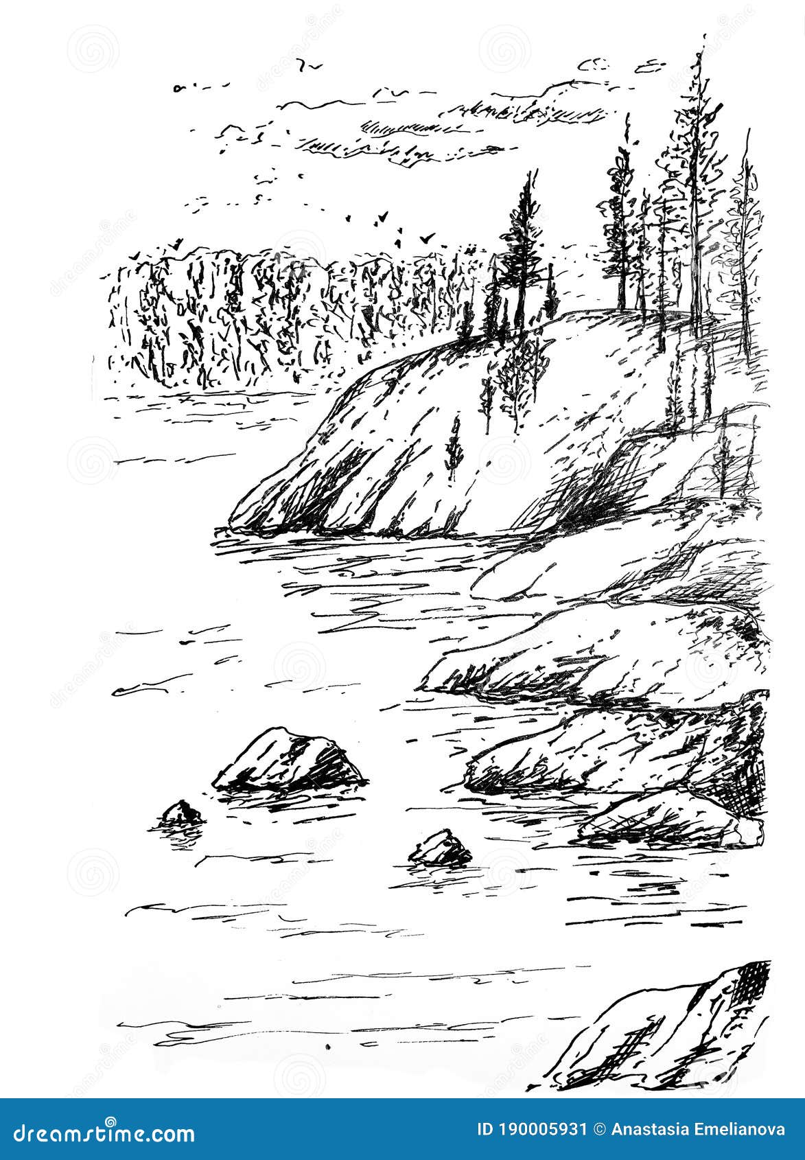 Lake landscape ink drawing stock illustration. Illustration of vintage ...