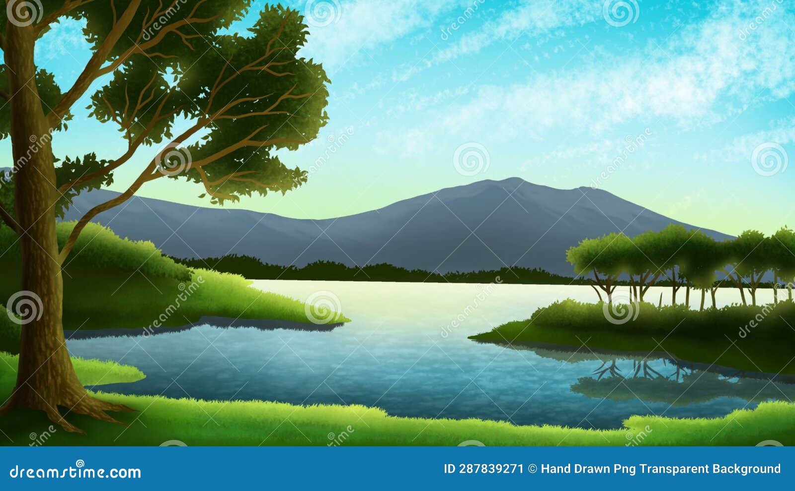 Lake Landscape Panorama. Paintings Made Manually Using Hand Drawing ...