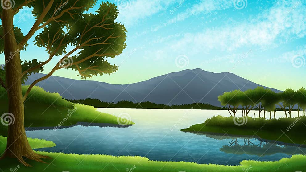 Lake Landscape Panorama. Paintings Made Manually Using Hand Drawing ...