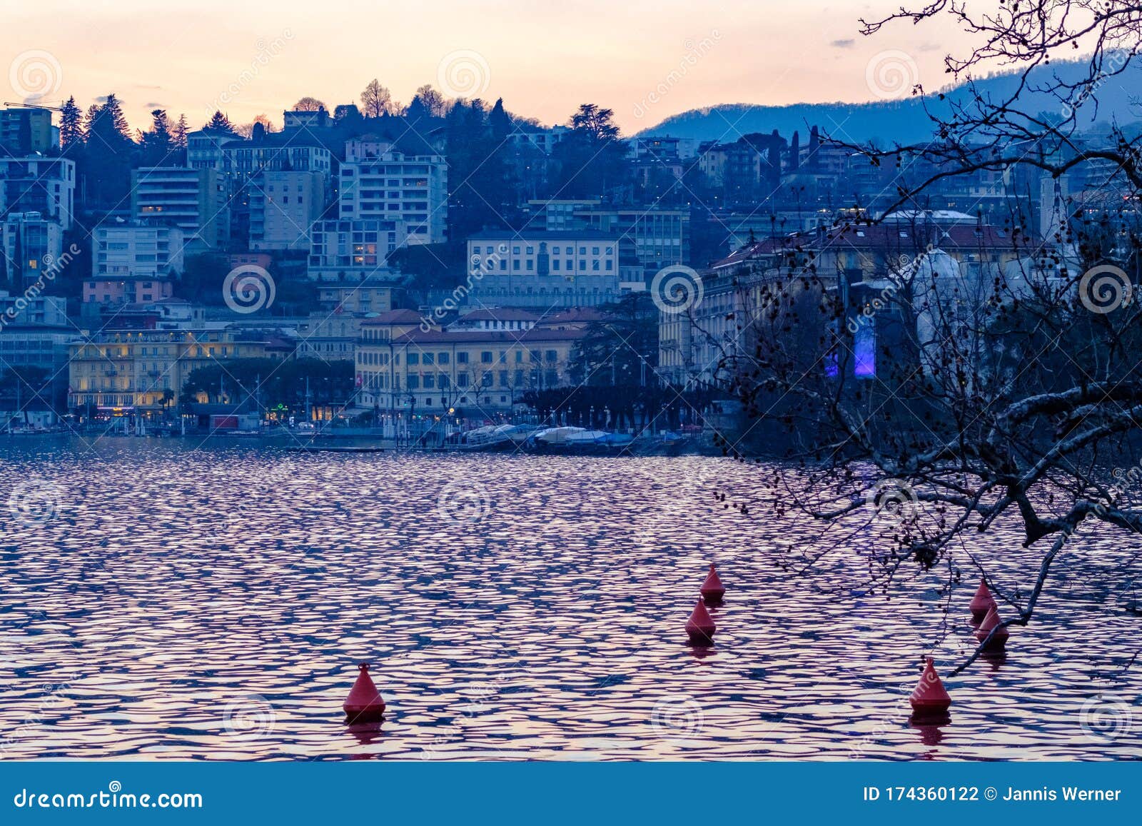 Lake Lugano at Dusk stock photo. Image of city, nature - 174360122