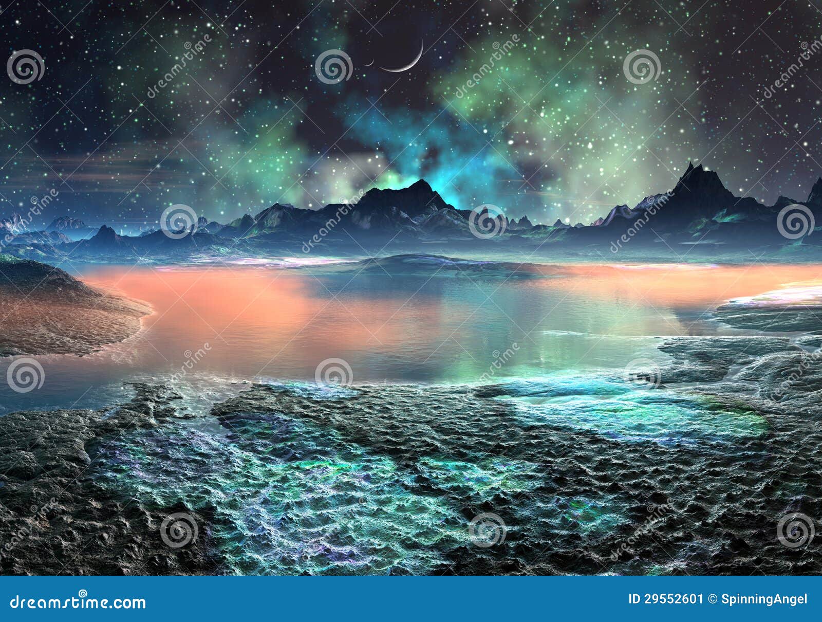 Lake and Mountains on Distant World Stock Illustration - Illustration ...