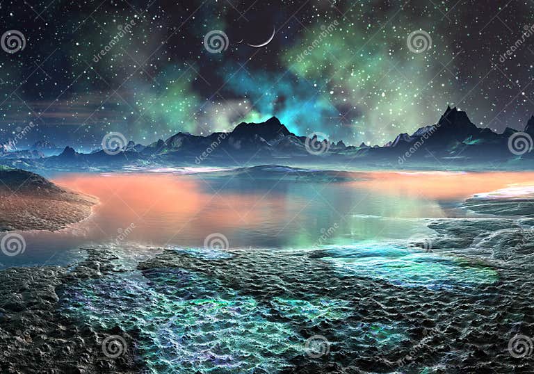 Lake and Mountains on Distant World Stock Illustration - Illustration ...