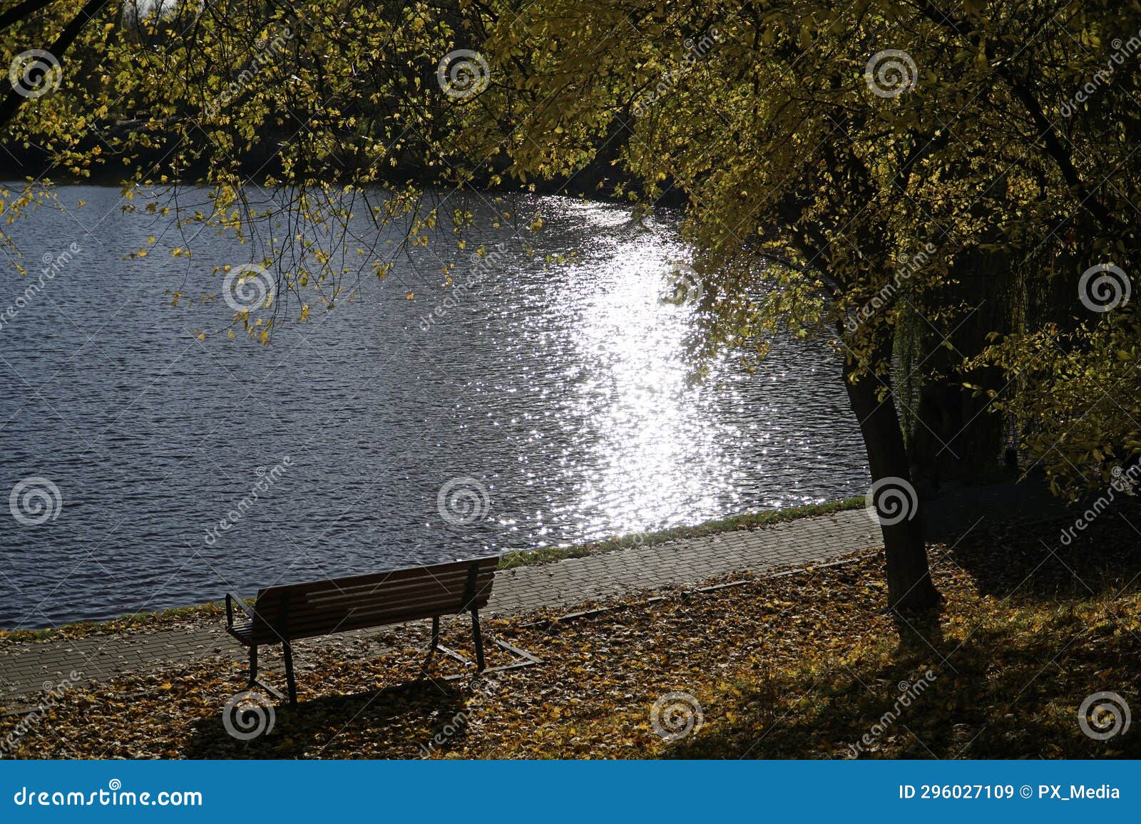 Lake in Park in Fall and Bench on Shore Stock Image - Image of ...