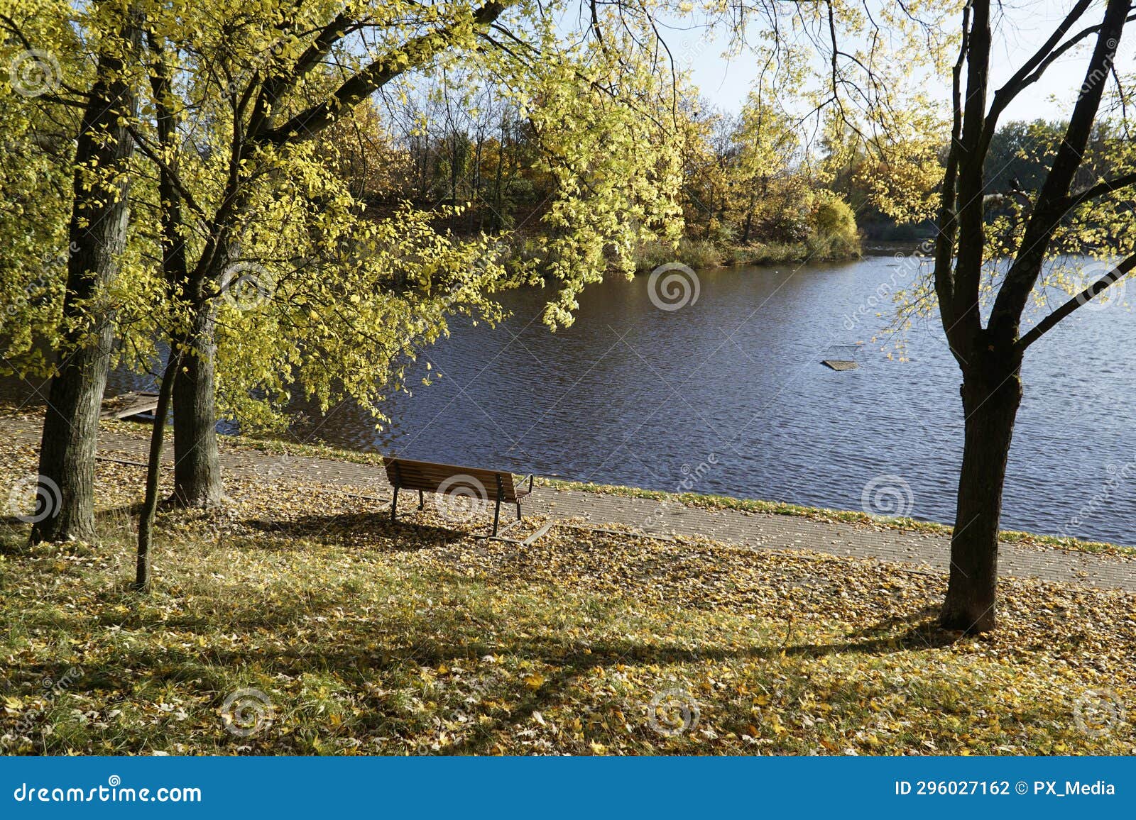 Lake in Park in Fall and Bench on Shore Stock Photo - Image of season ...