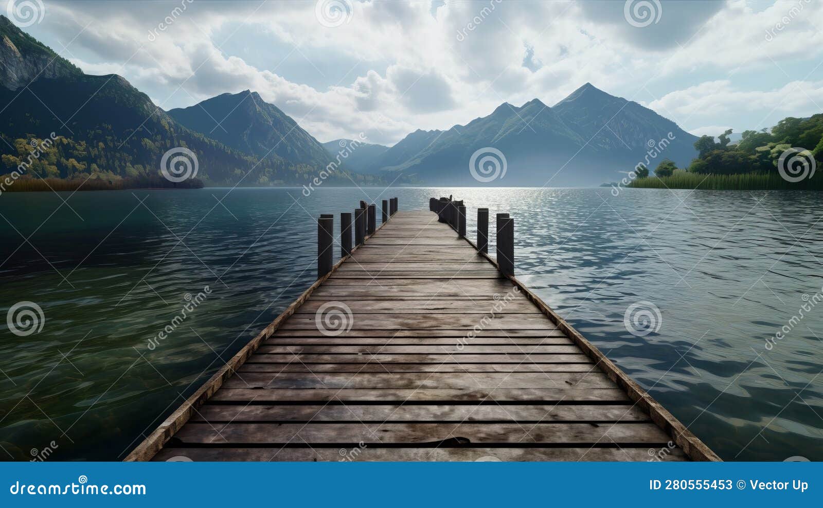 Lake Pier with Mountains on Background. Generative AI. Stock Image ...