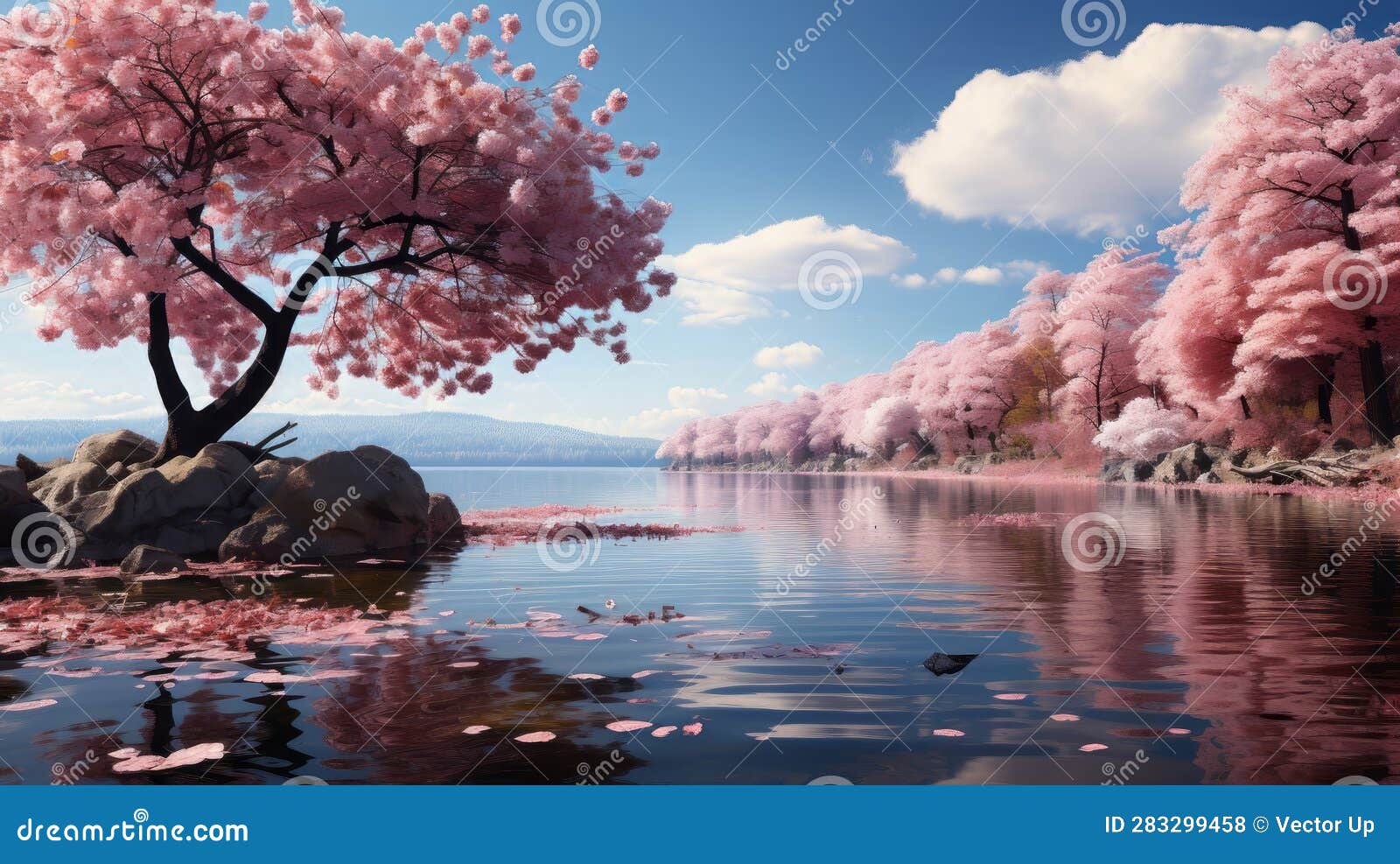 A Lake with Pink Trees and Blue Sky. Generative AI. Stock Illustration ...