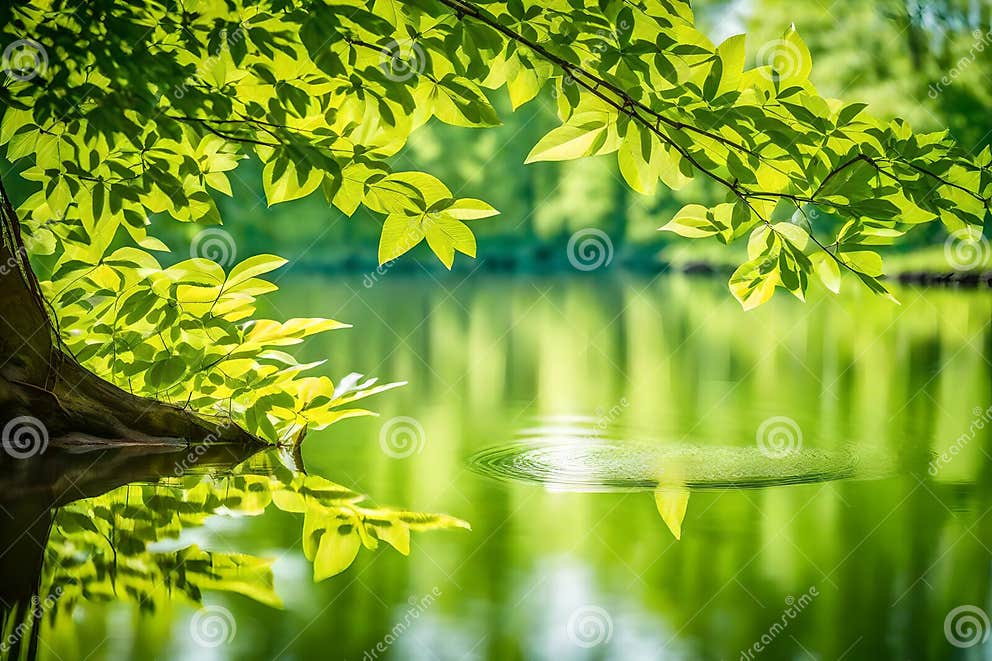 Lake with Reflection of Tree Stock Illustration - Illustration of shrub, tree: 290142865
