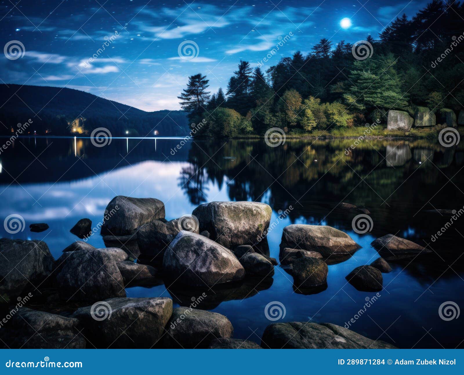A Lake with Rocks and Trees in the Background Stock Illustration ...