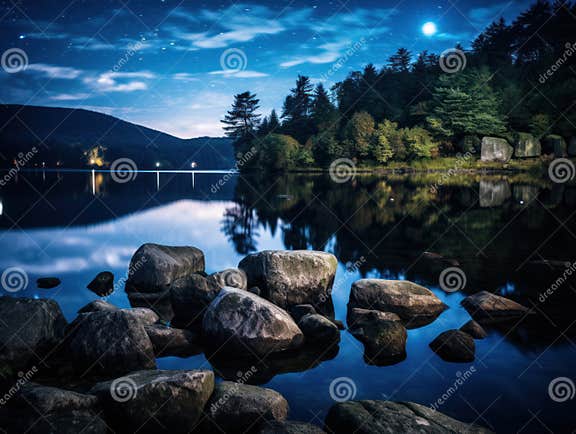 A Lake with Rocks and Trees in the Background Stock Illustration ...