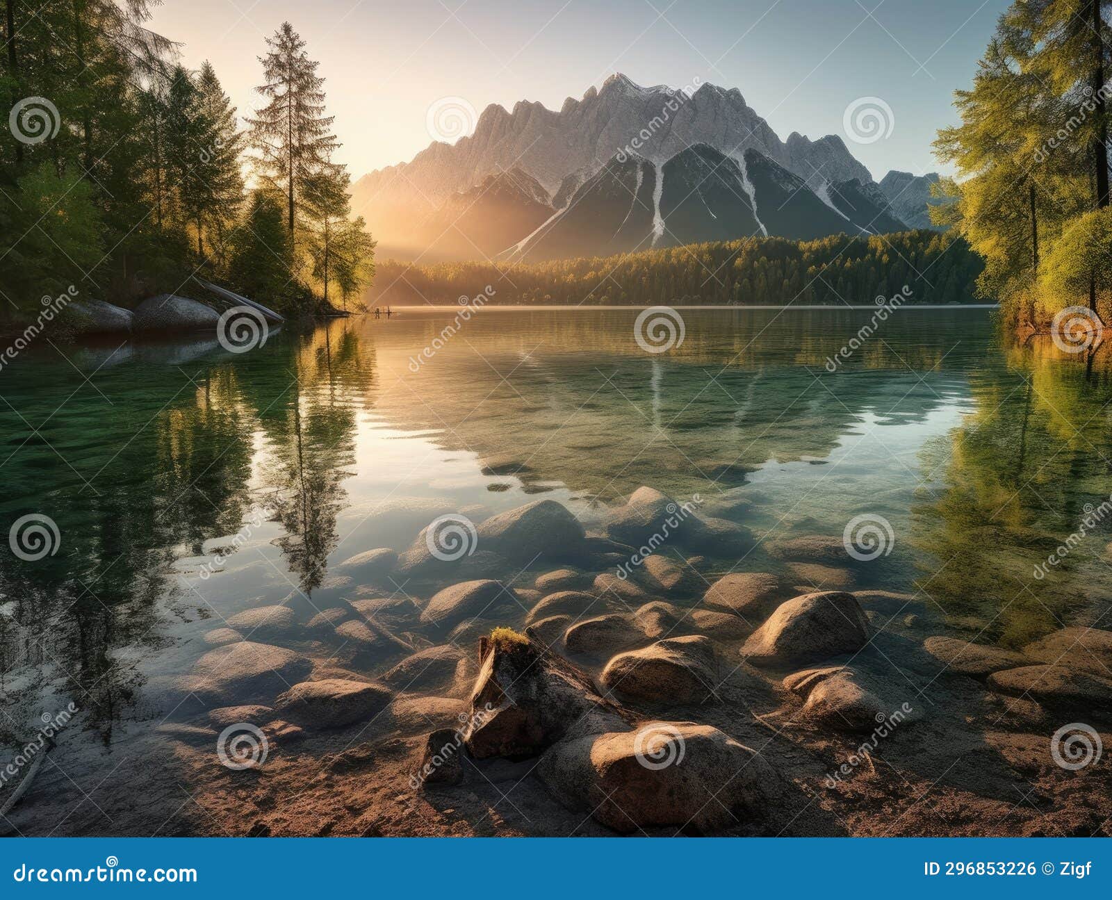 Lake with Rocks and Trees in the Background Stock Illustration ...