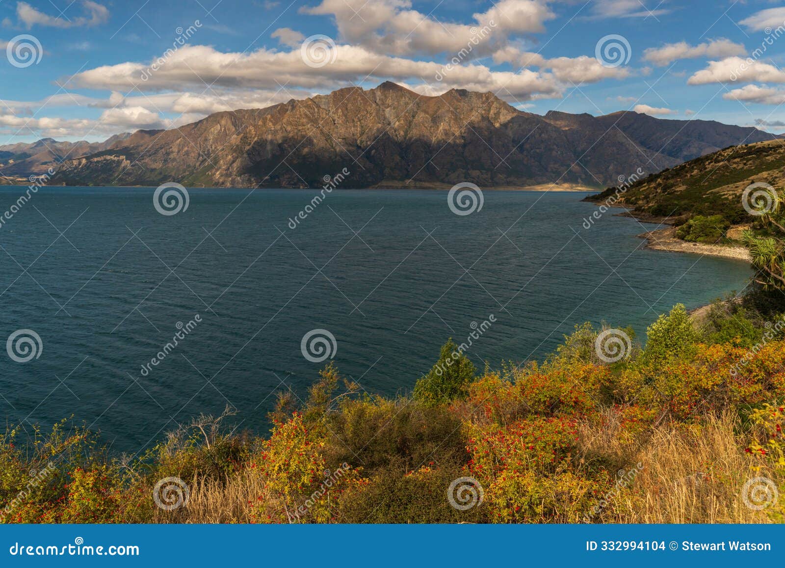 The Mountains Along Both Sides of Lake Hawea Near Wanaka Stock Photo ...