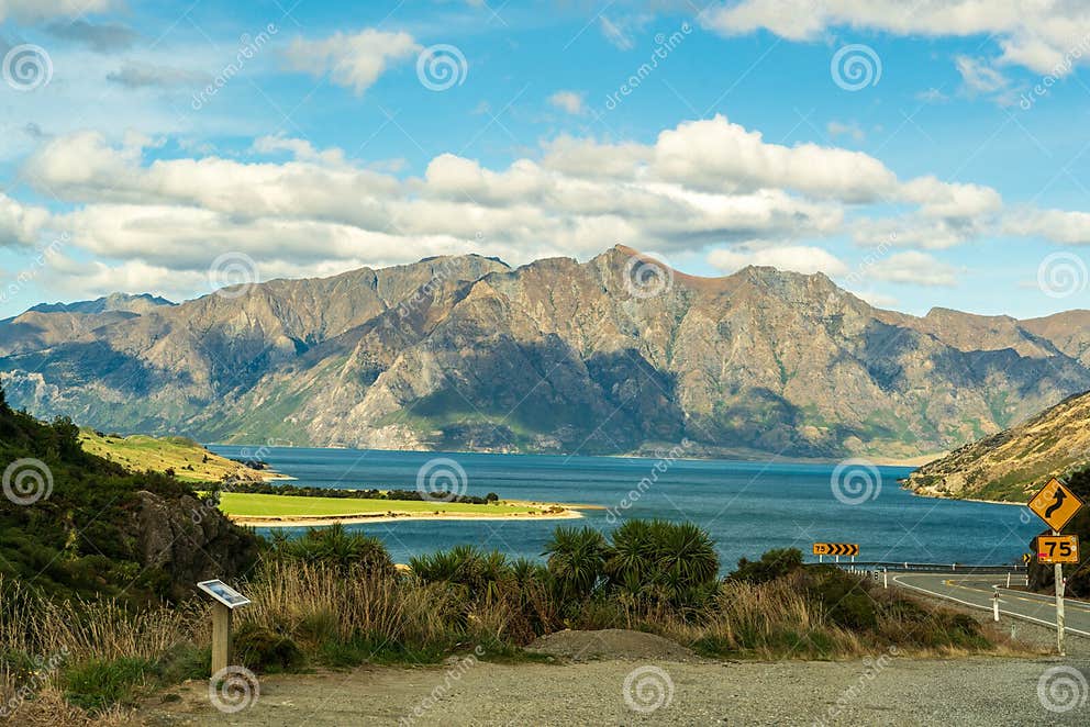 The Mountains Along Both Sides of Lake Hawea Near Wanaka Stock Image ...