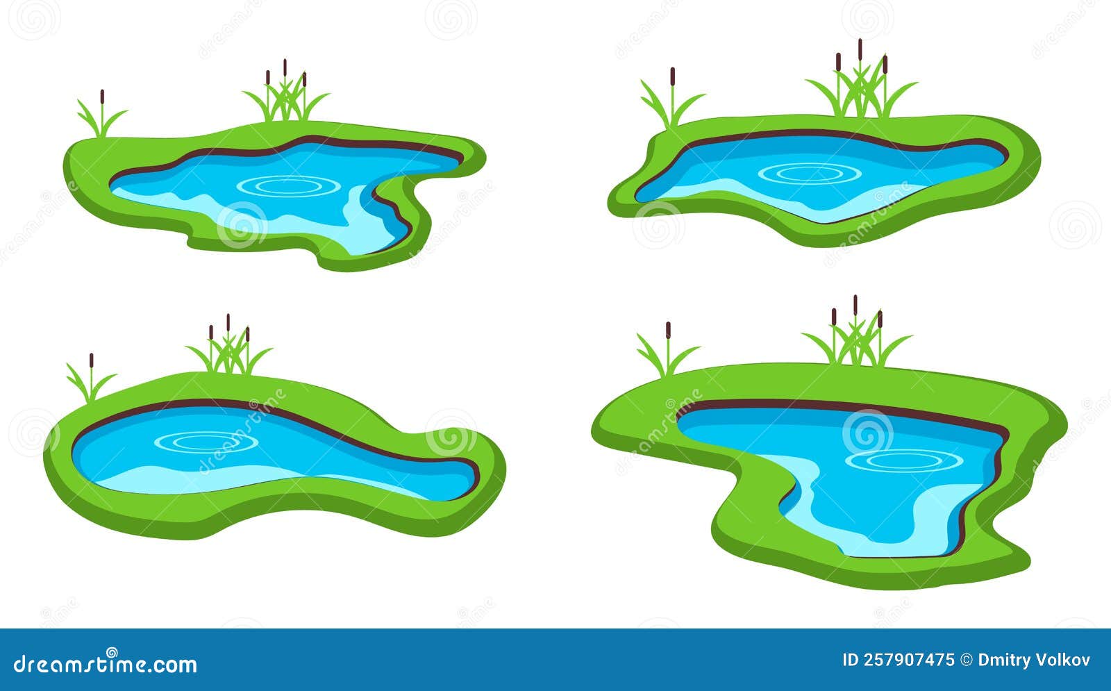 Lake Set Of Realistic Cartoon Lakes In White Outline Vector Illustration Stock Vector