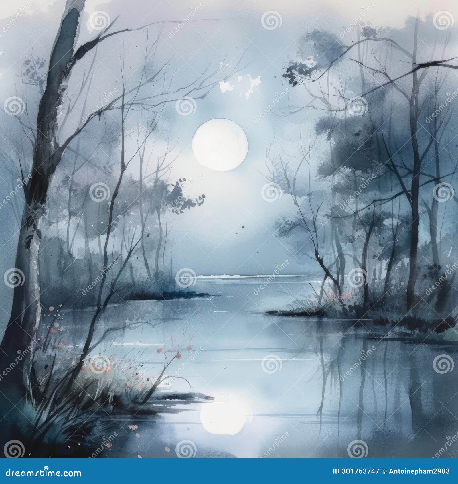 Lake Shrouded in Mist with Eerie Blue Glow Stock Illustration ...