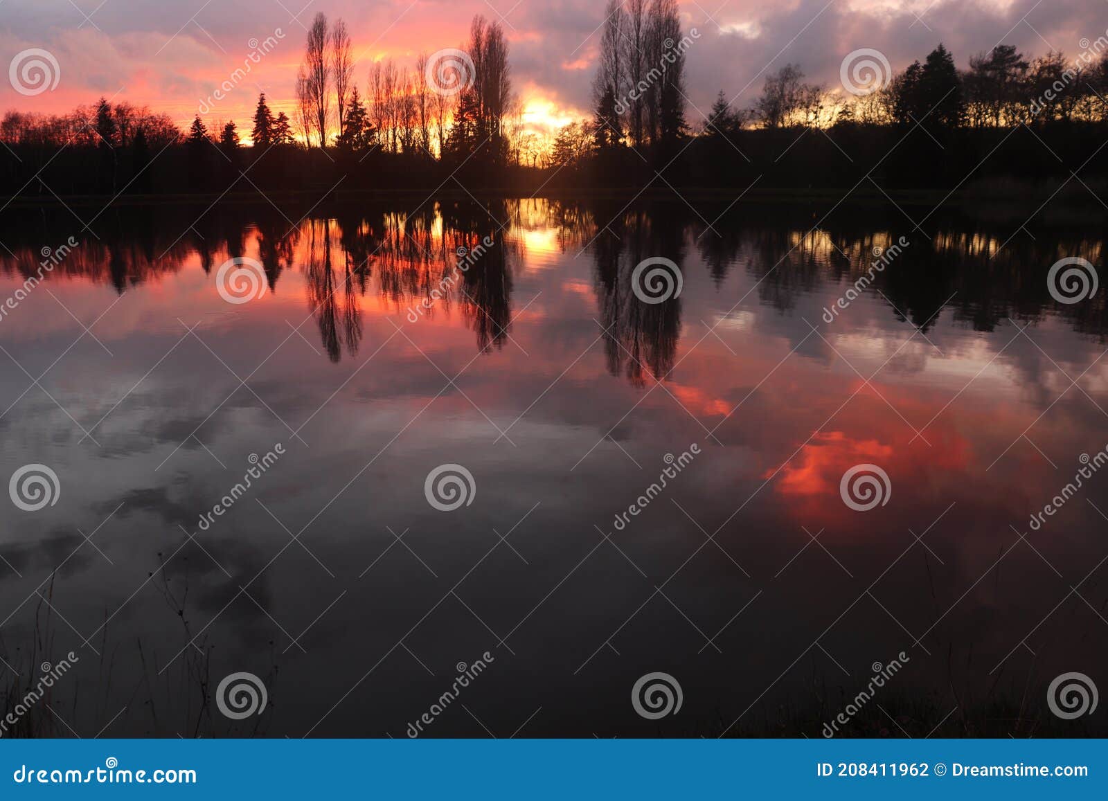 Lake on fire stock photo. Image of dawn, skyline, sunset - 208411962