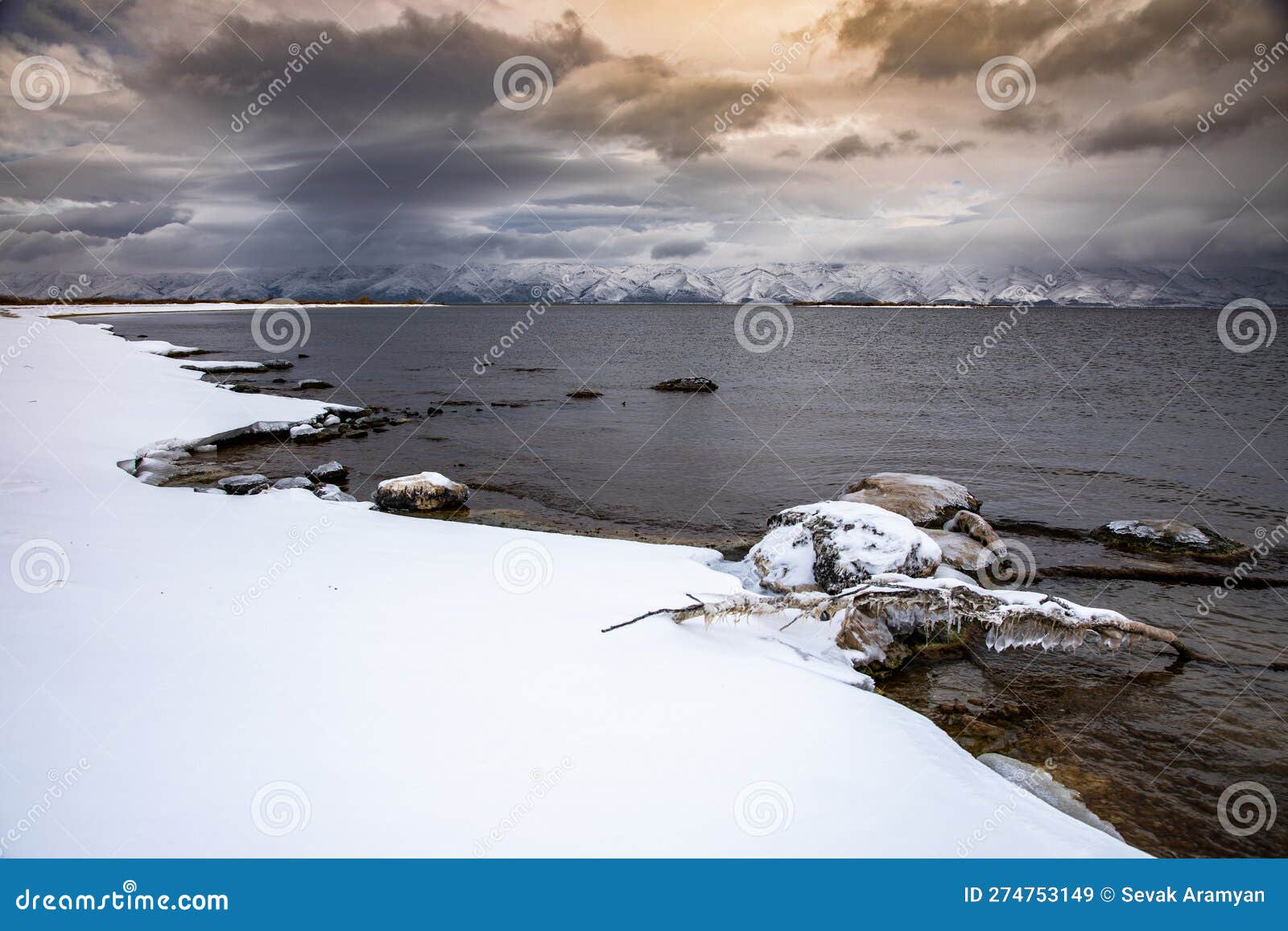 Lake with Snowy Beach and Mountain Stock Image - Image of cold ...