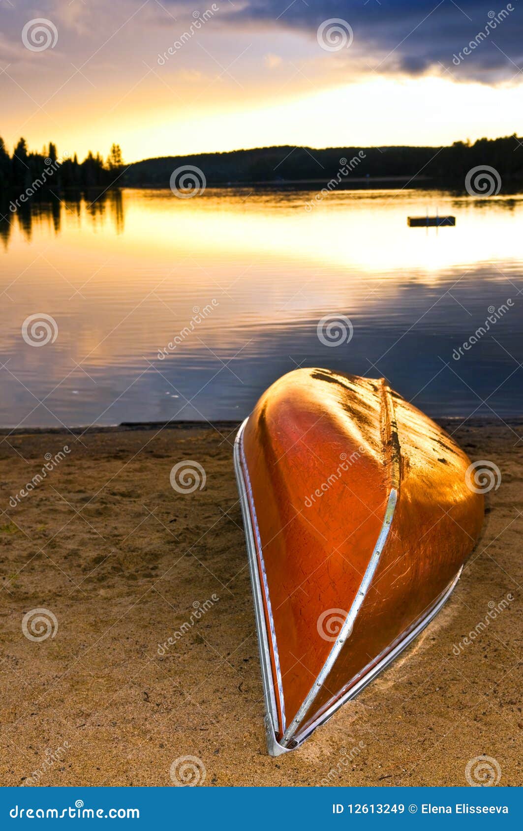 Lake Sunset with Canoe on Beach Stock Image - Image of relaxation ...