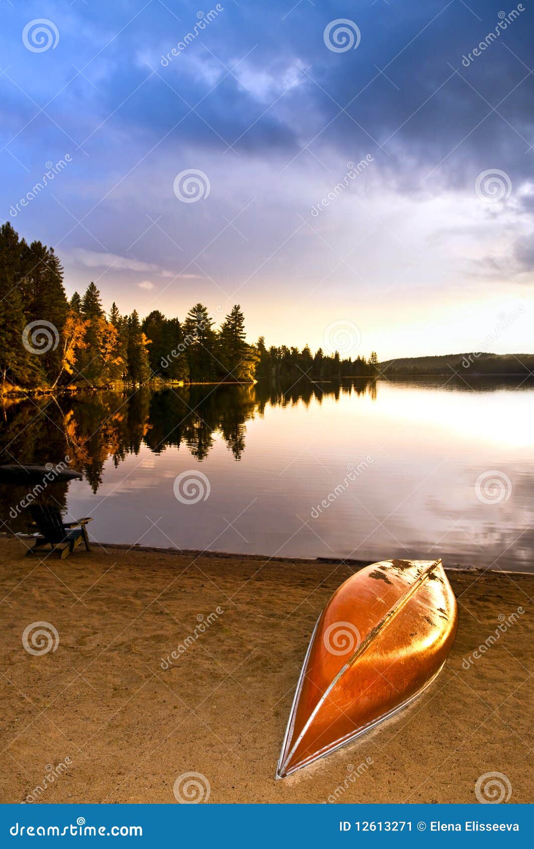 Lake Sunset with Canoe on Beach Stock Image - Image of environment ...