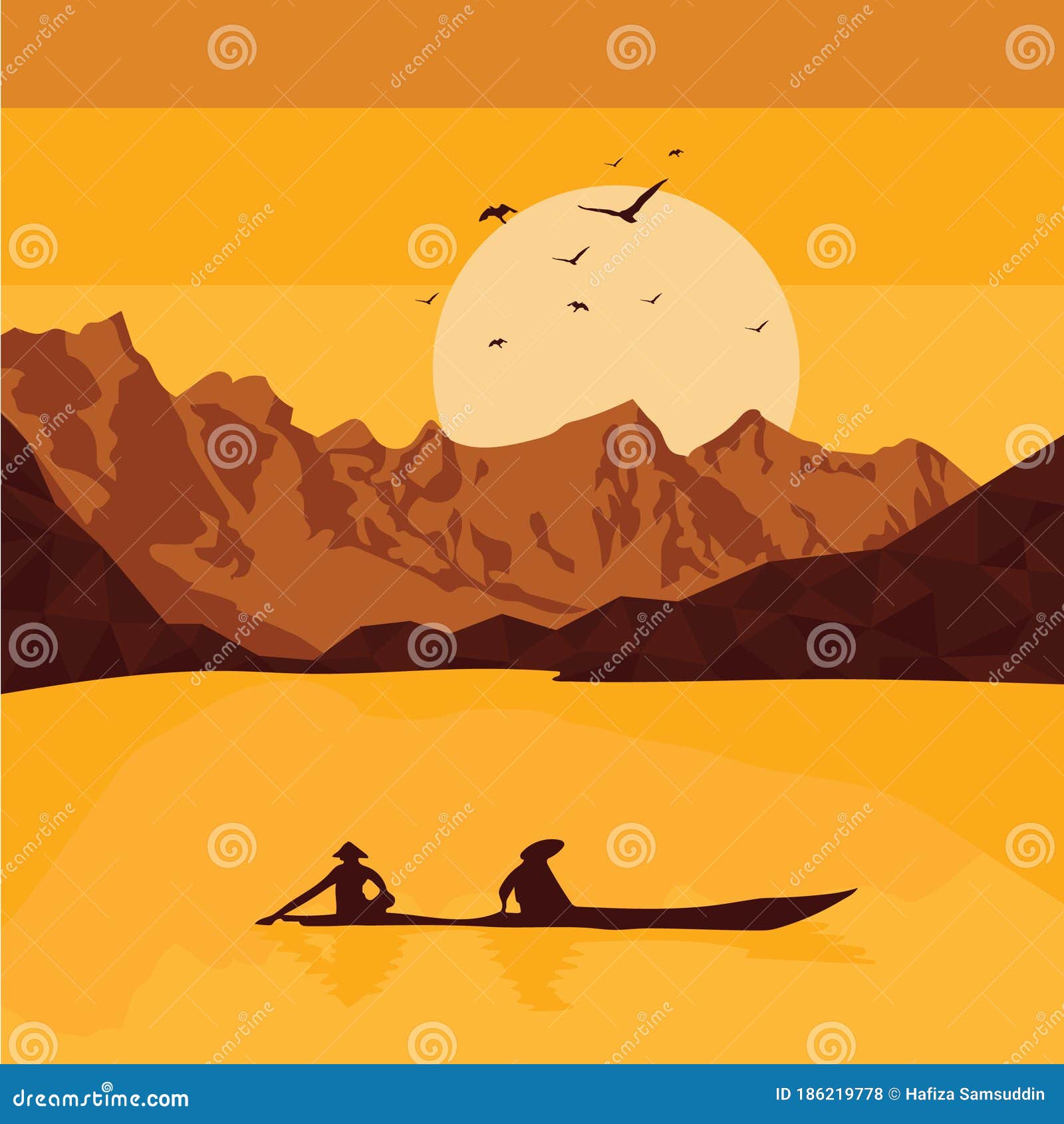 Lake with Sunset. Vector Illustration Decorative Design Stock Vector ...