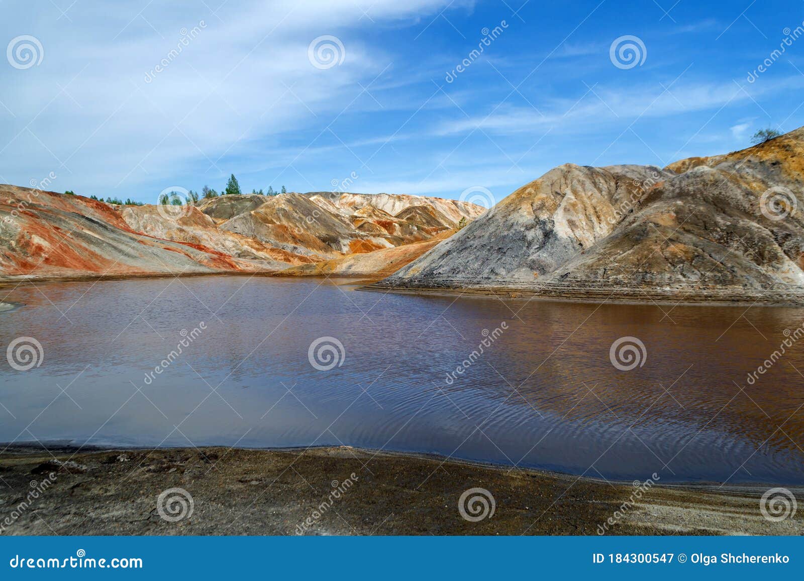 Lake Surrounded by Bright Multi-colored Clay Hills Against a Bright ...