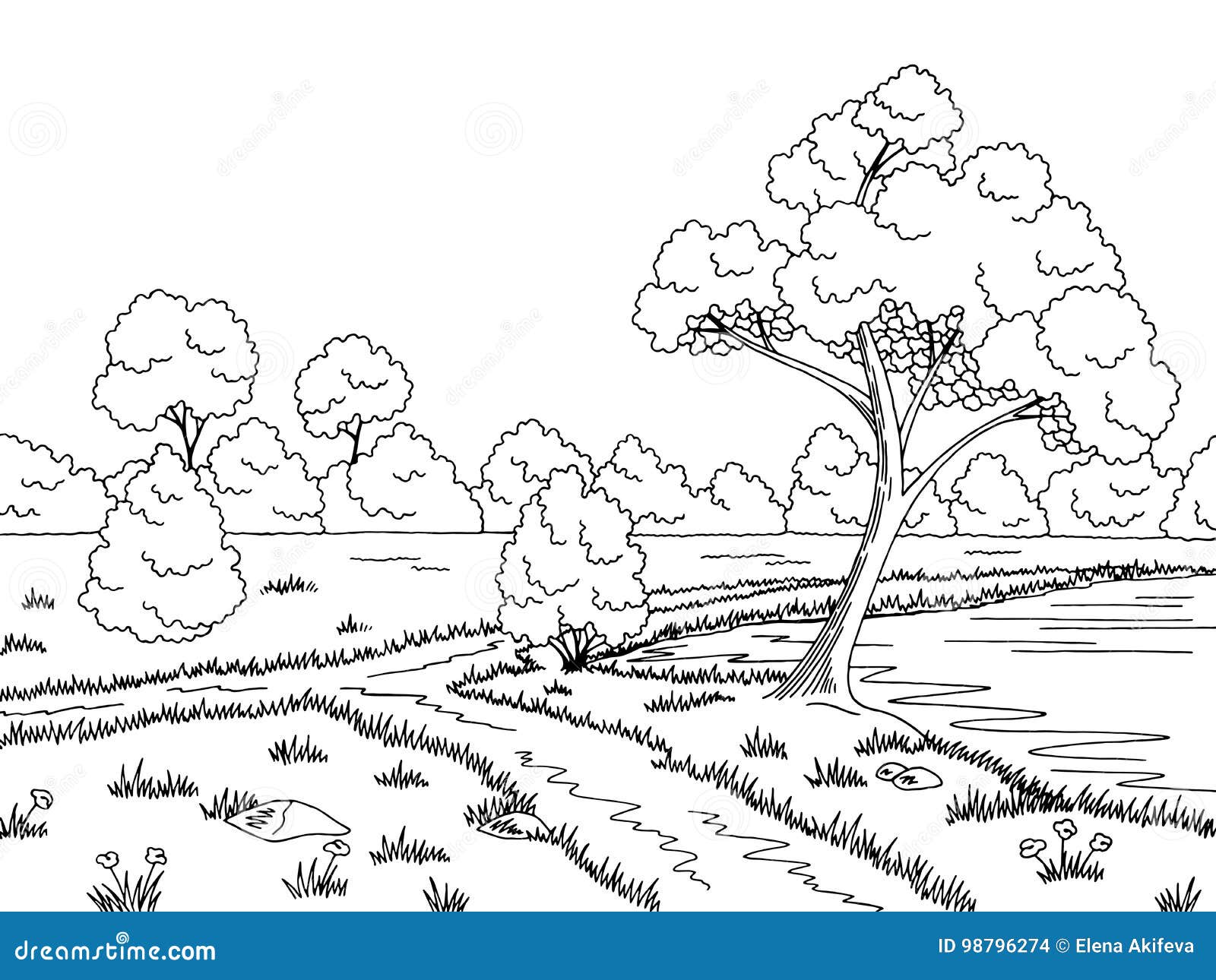 Lake Tree Graphic Black White Landscape Sketch Illustration Stock ...