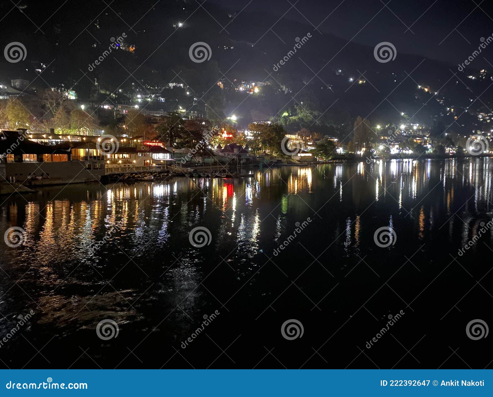 The Lake View with Lighting on the Bank at Night Stock Image - Image of ...
