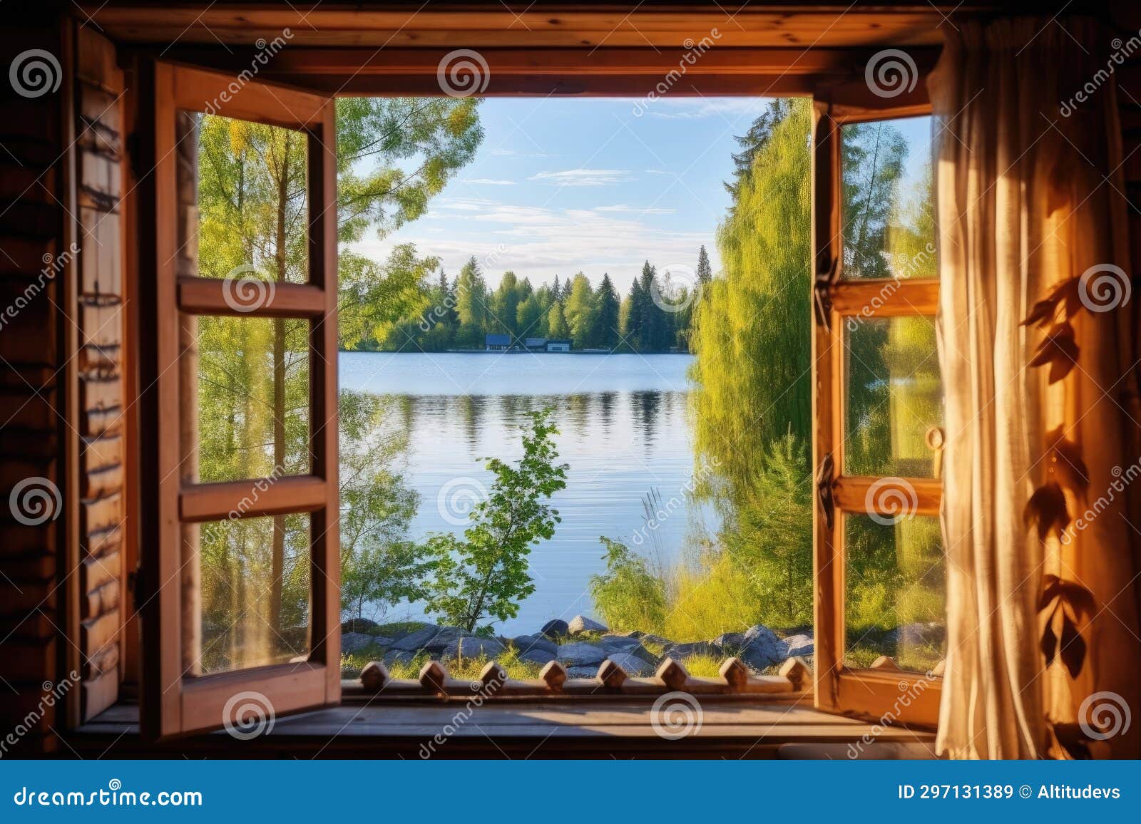 Lake View from the Window of a Wooden Cabin Stock Image - Image of ...
