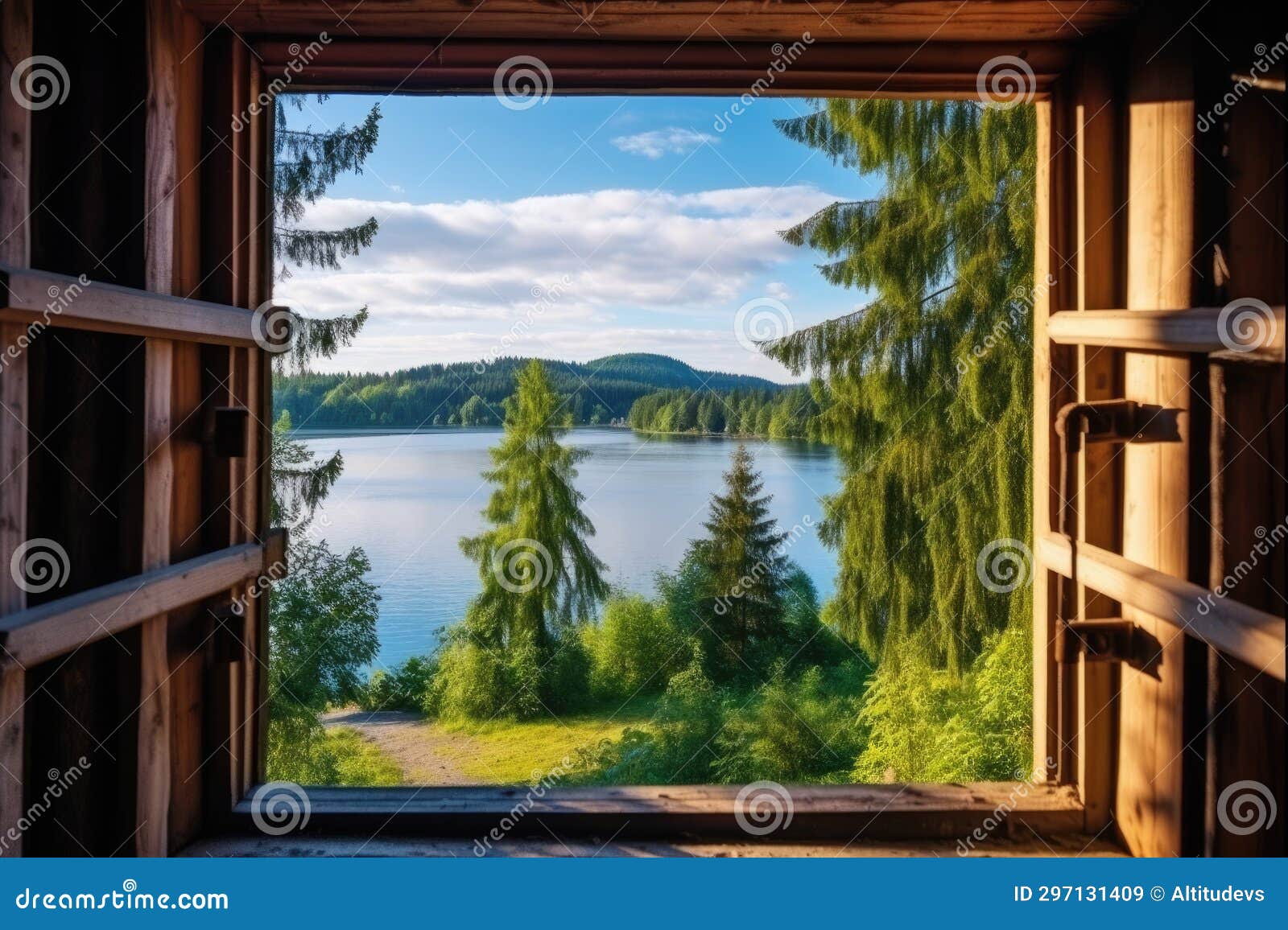 Lake View from the Window of a Wooden Cabin Stock Image - Image of view ...