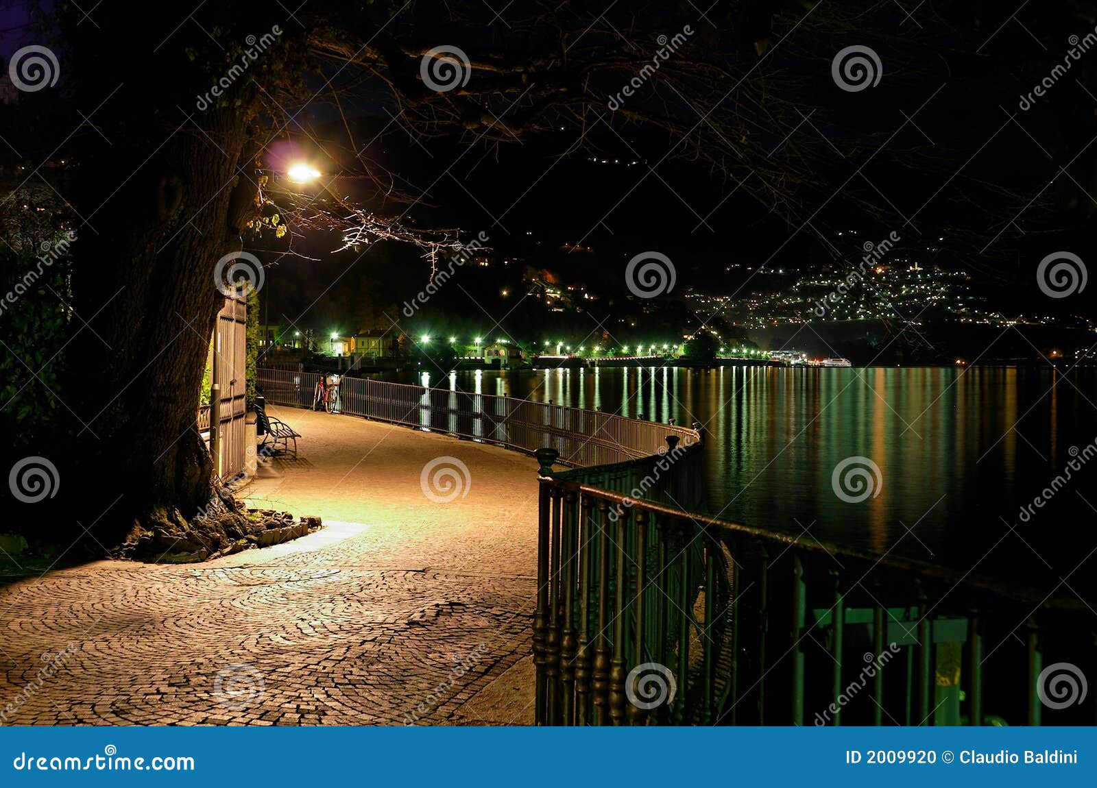 Lake walkway at night stock photo. Image of fall, cobbled - 2009920