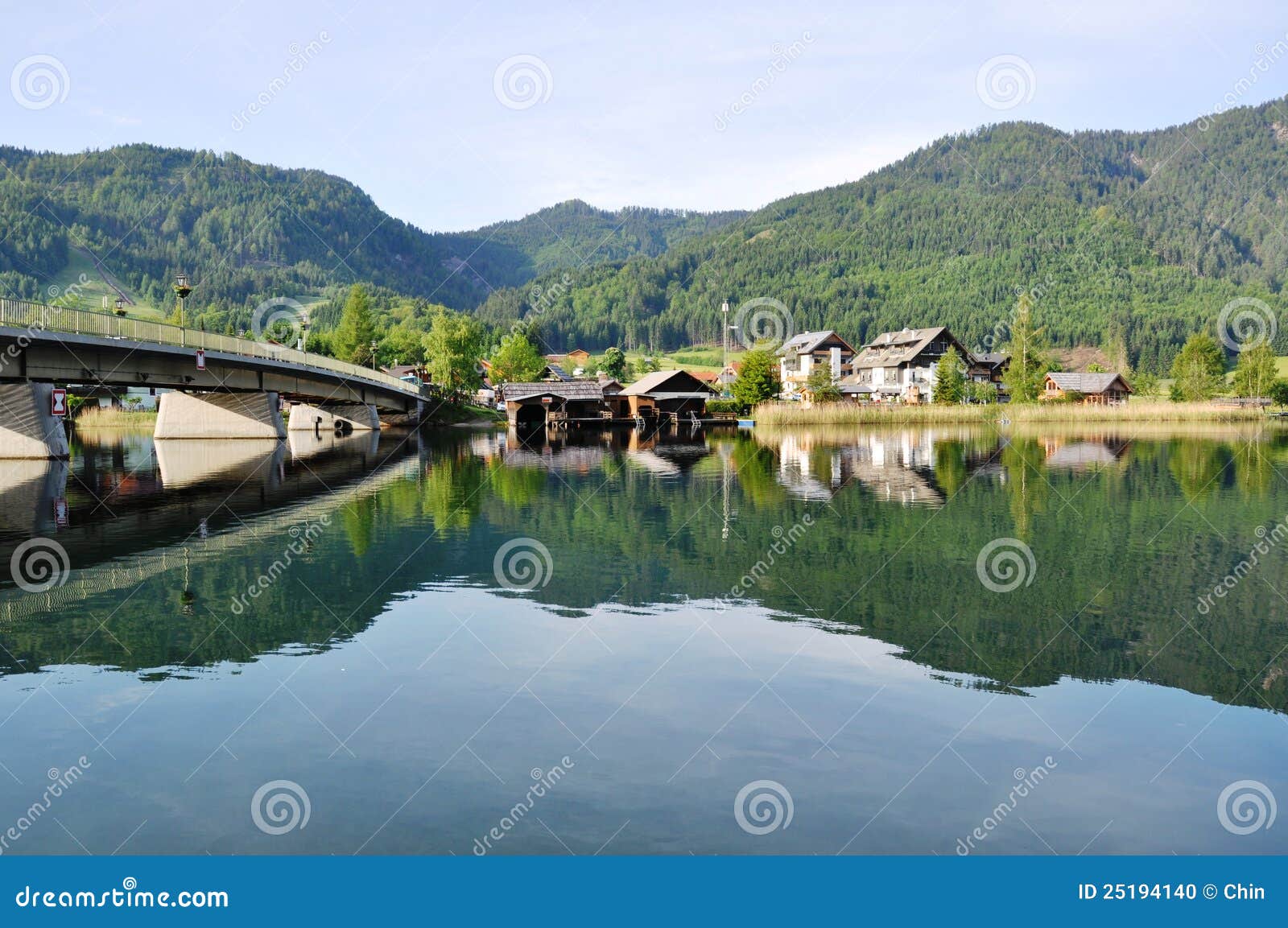 Lake Weissensee with Bridge, Austria Stock Photo - Image of sunny ...