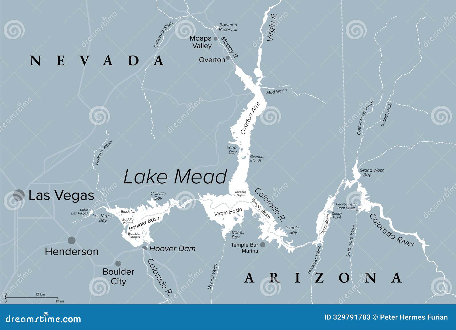 Lake Mead Map, Largest U.S. Reservoir Formed by Hoover Dam, Gray ...