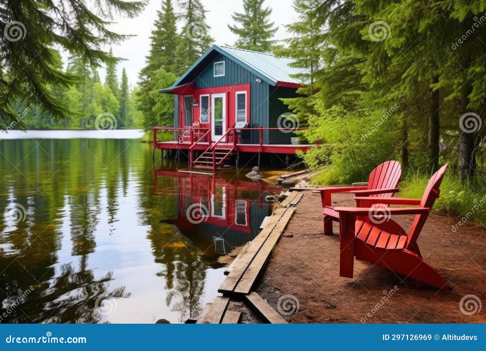 Lakeside Cabin with a Red Canoe at Its Dock Stock Image - Image of ...