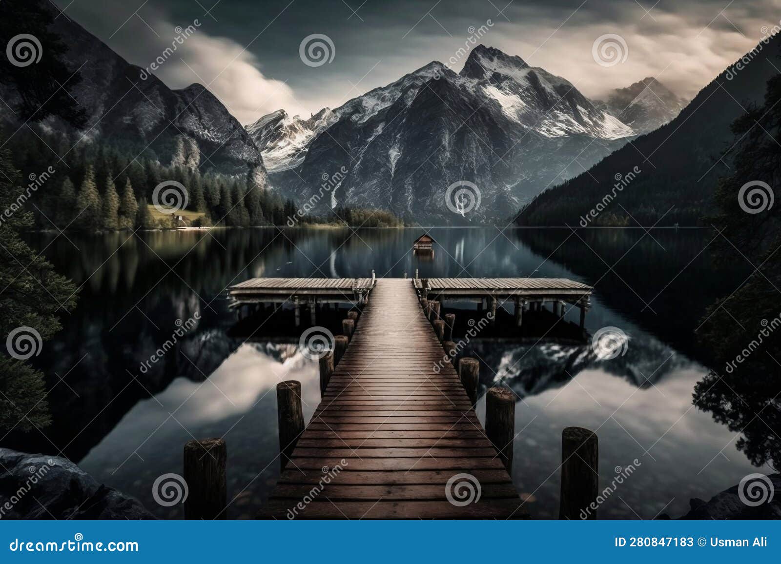 Lakeside Dock with Majestic Mountain Backdrop a Serene Landscape. AI ...