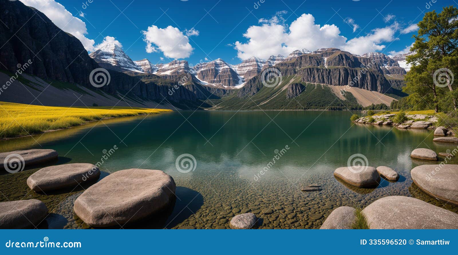 The Lakeside is Full of Rocks with Mountains and Clouds As a Background ...