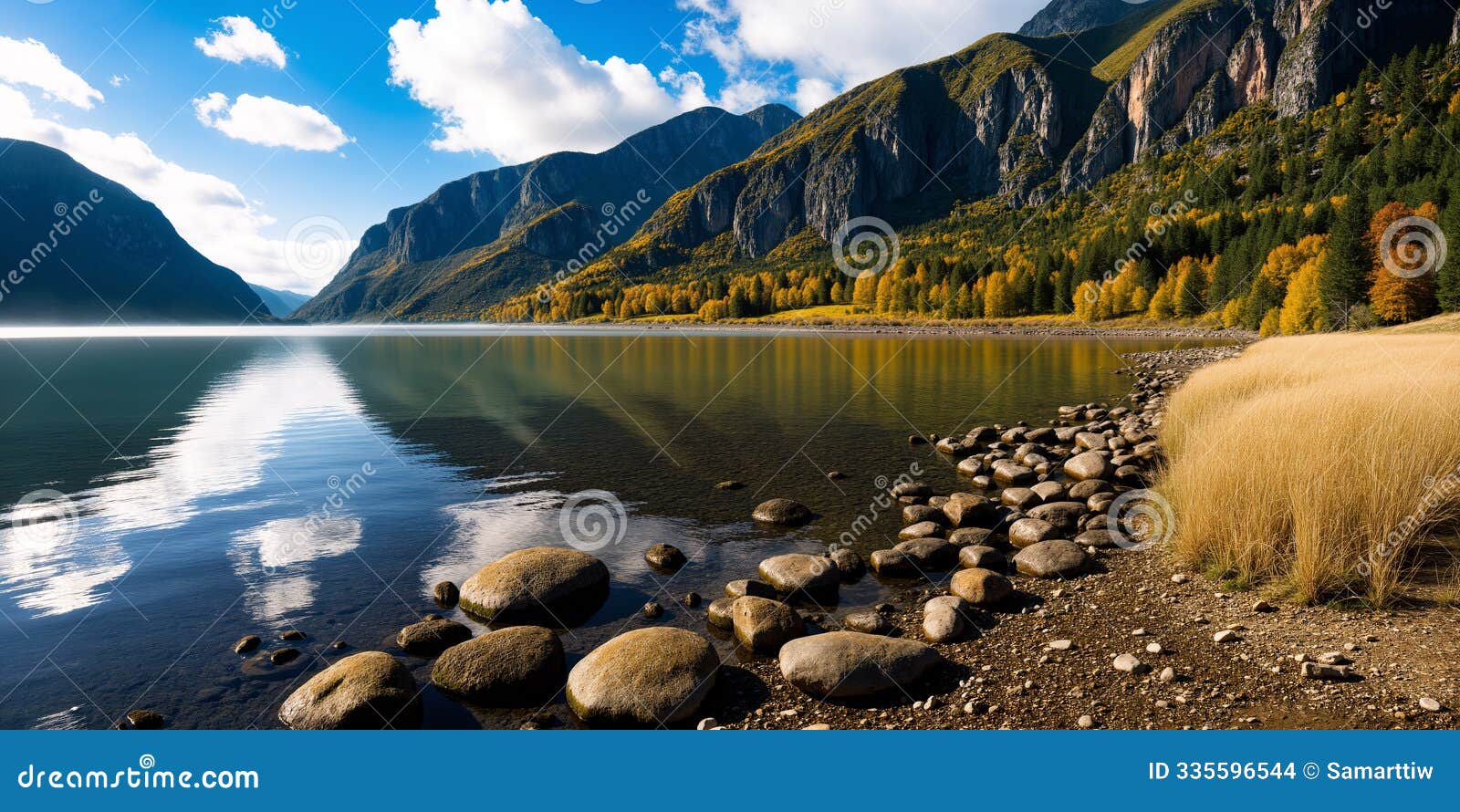 The Lakeside is Full of Rocks with Mountains and Clouds As a Background ...