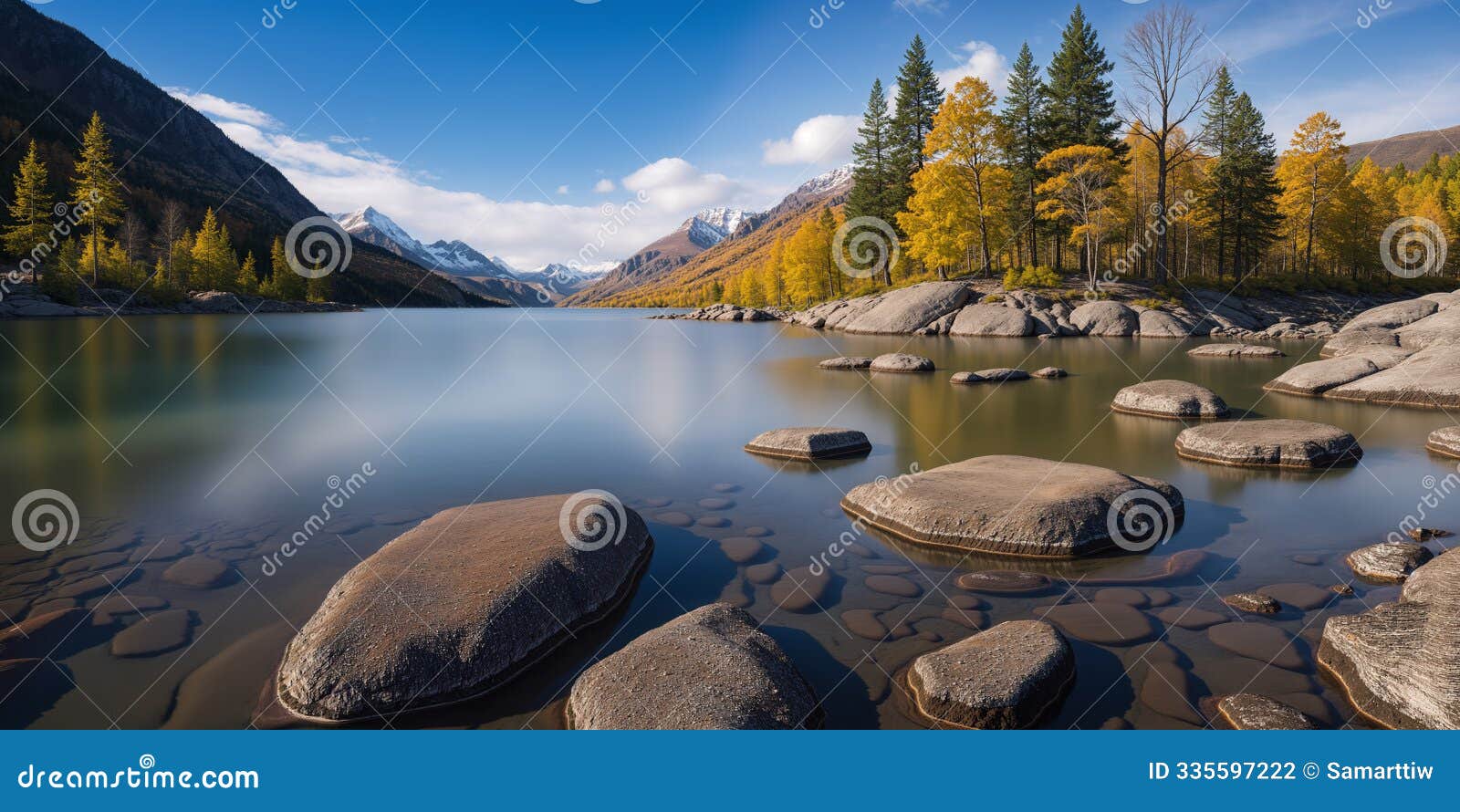 The Lakeside is Full of Rocks with Mountains and Clouds As a Background ...
