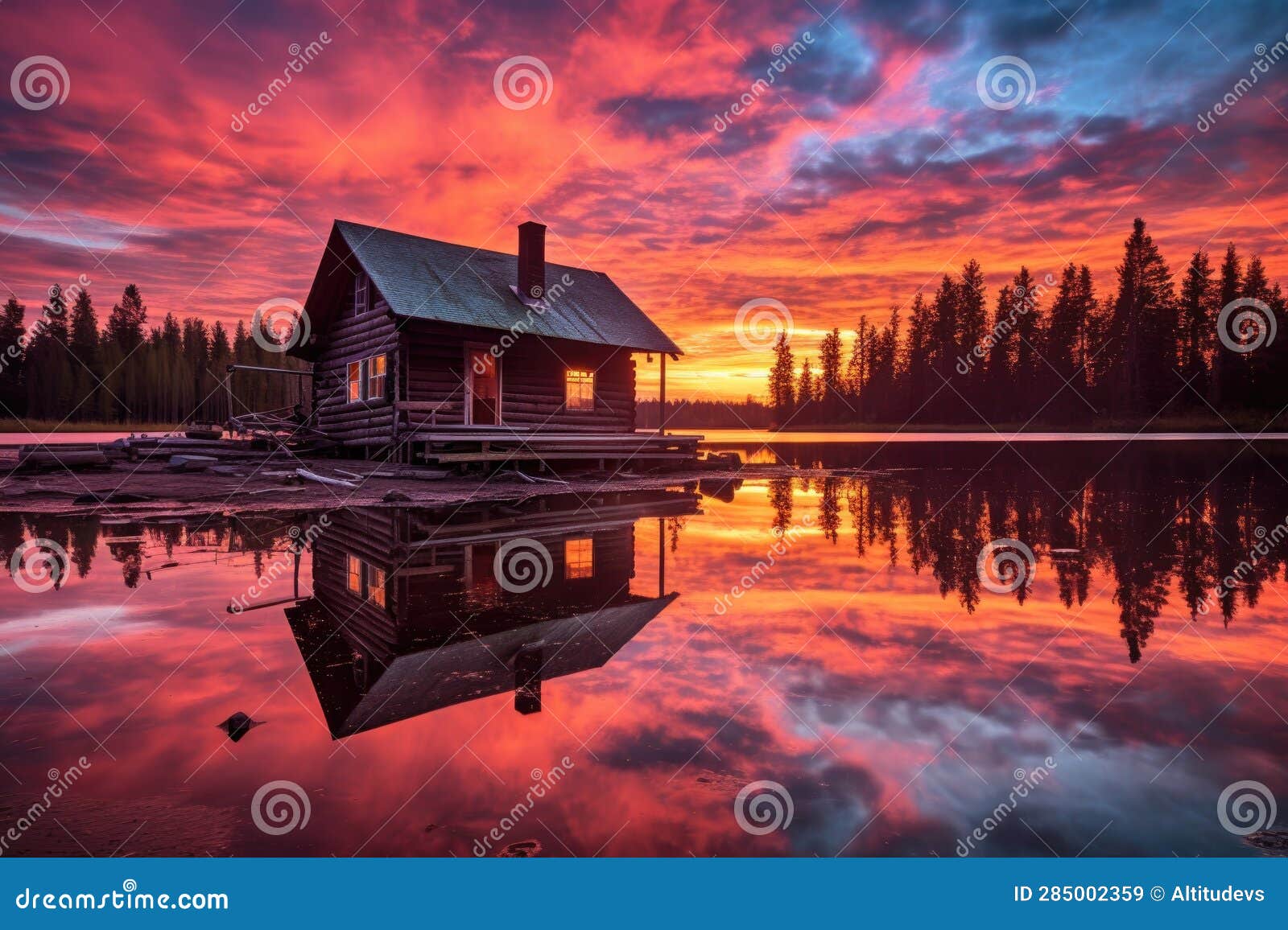 Lakeside Log Cabin at Sunset Stock Illustration - Illustration of ...