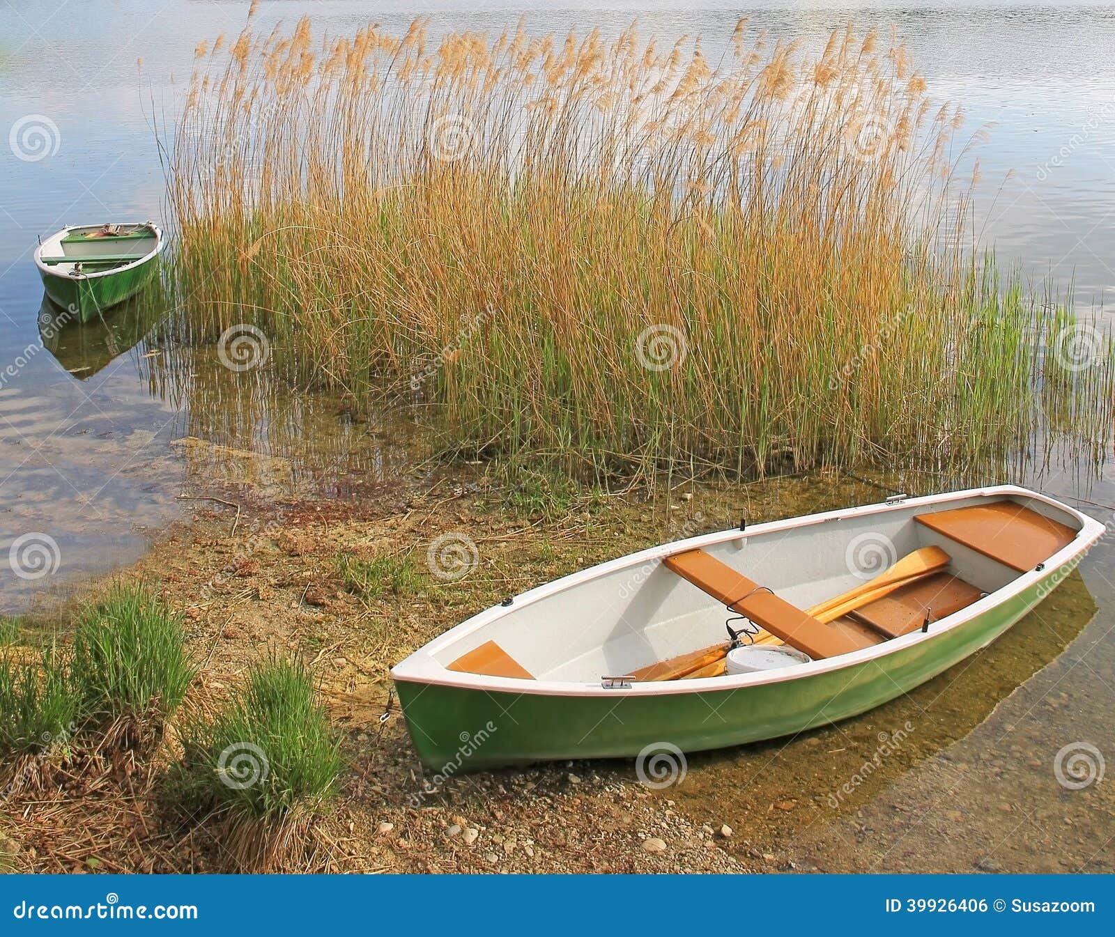 Lakeside with Moored Rowing Boats Stock Photo - Image of water, idyll ...
