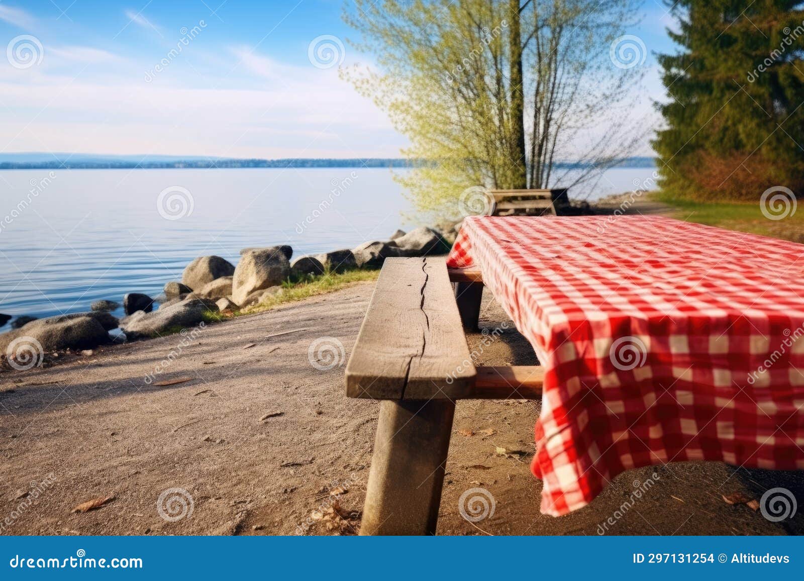 Lakeside Picnic Table with a Red Checkered Cloth Stock Photo - Image of ...