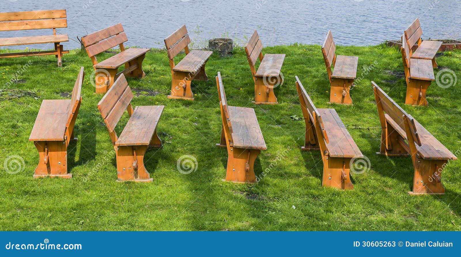 Lakeside random benches stock image. Image of lots, park - 30605263