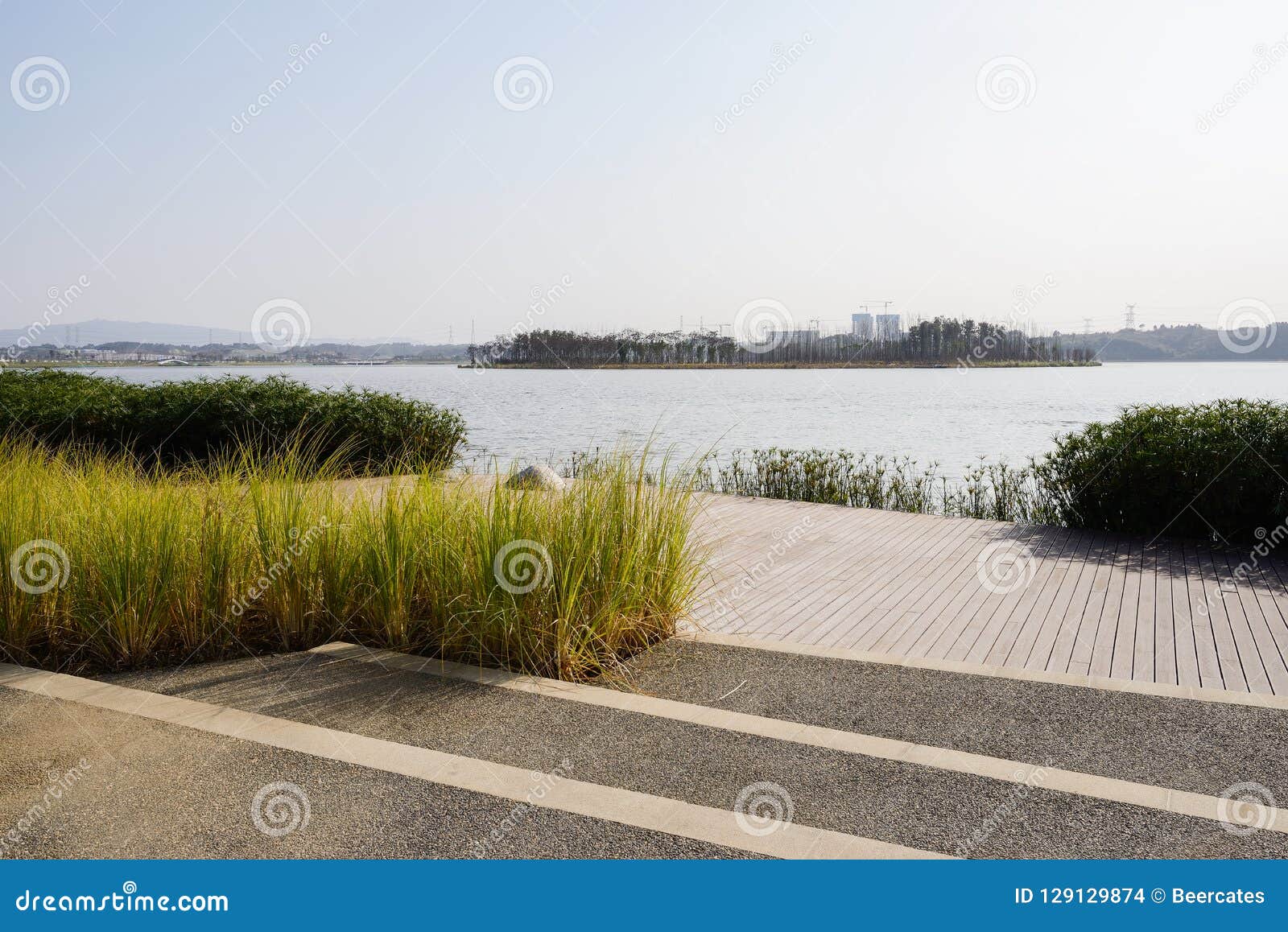 Lakeside Steps and Planked Path in Sunny Winter Afternoon Stock Photo ...