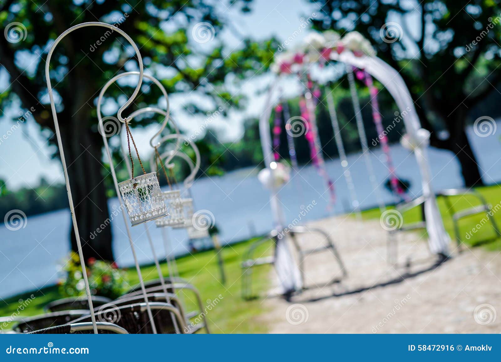 Lakeside Wedding Ceremony. Wedding Arch and Decorations, Selecti Stock ...