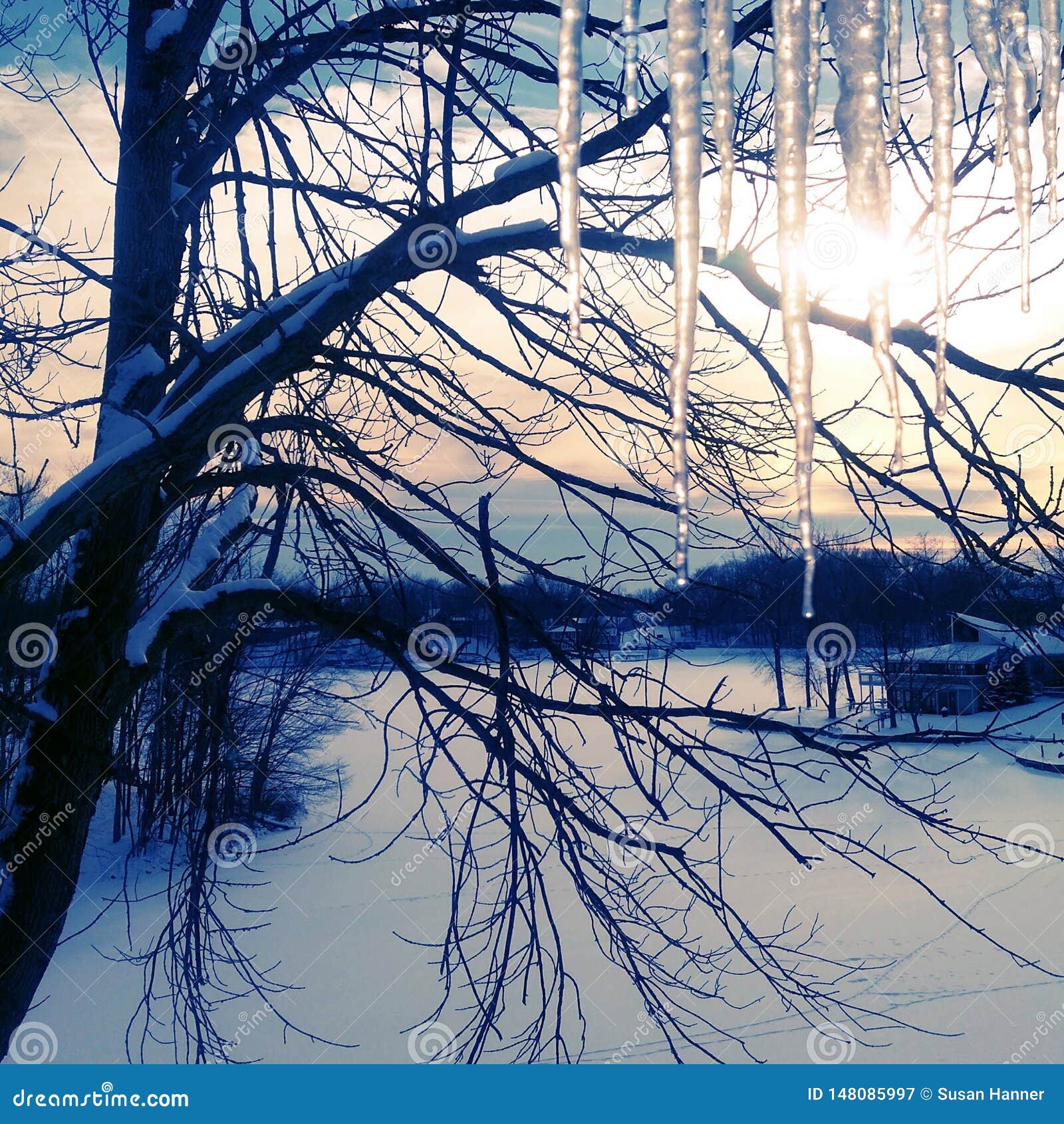 Lakeside winter sunset stock image. Image of frosty - 148085997