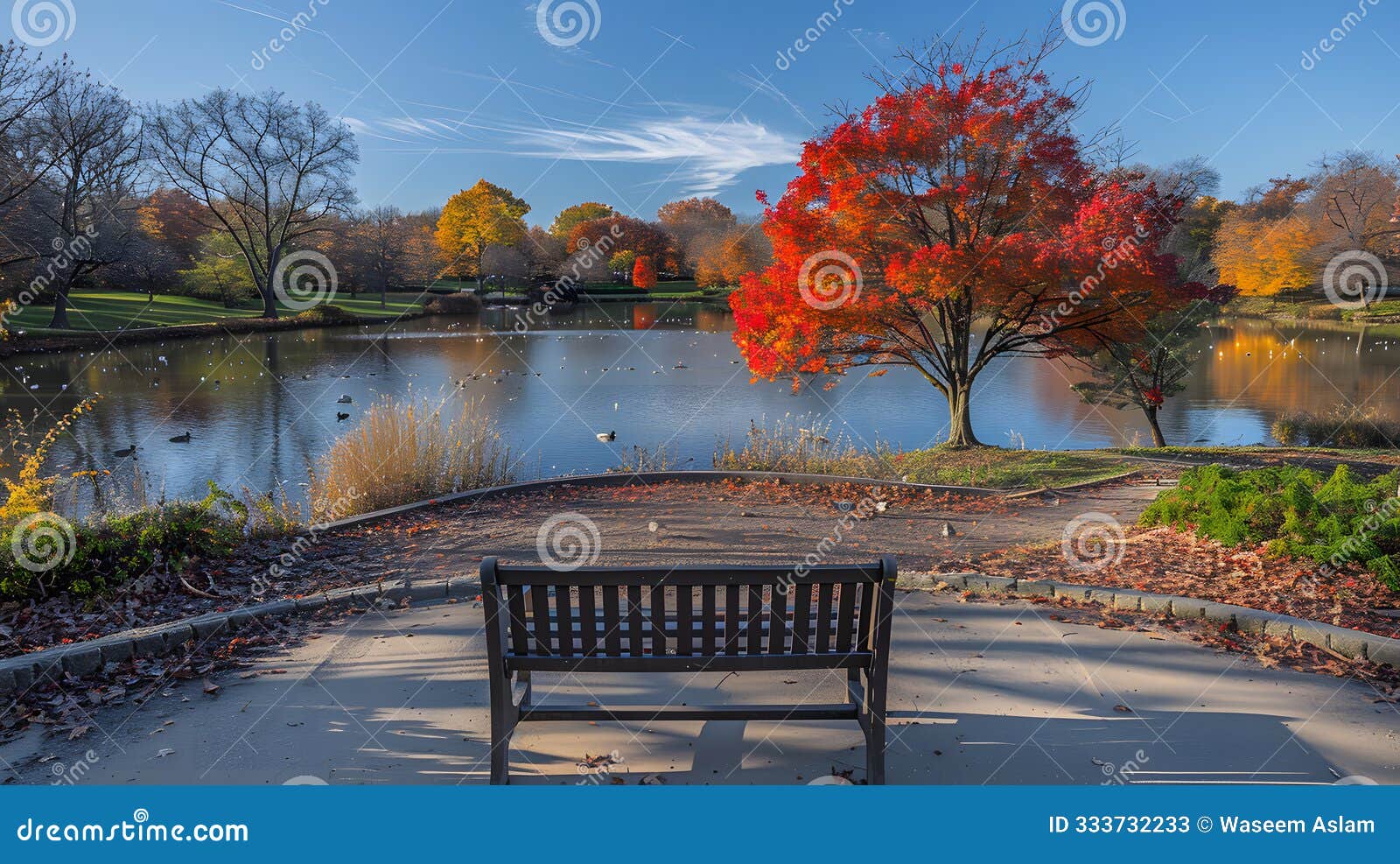 Lakeside Wooden Park Bench with Ducks Stock Image - Image of chair ...